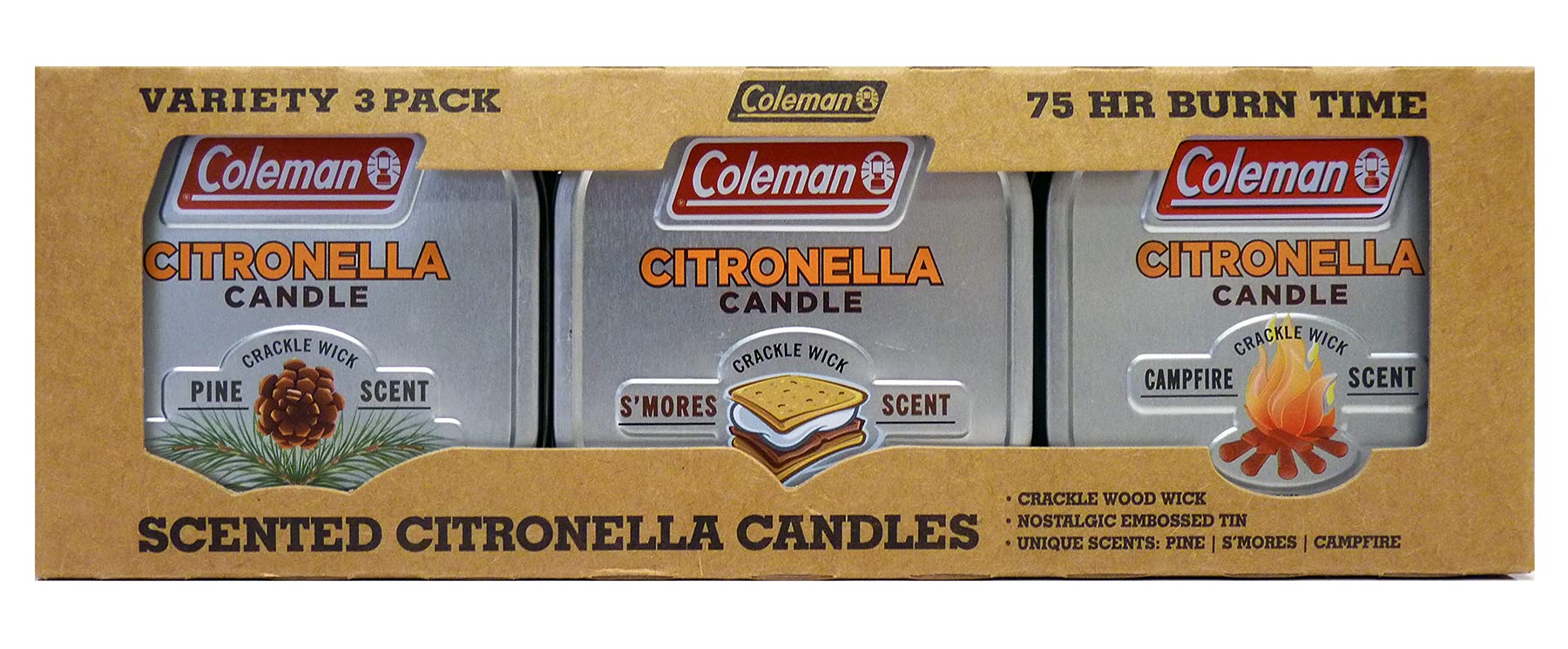 Coleman Scented Tin Citronella Candle - 3 Pack, S'Mores, Pine and Campfire