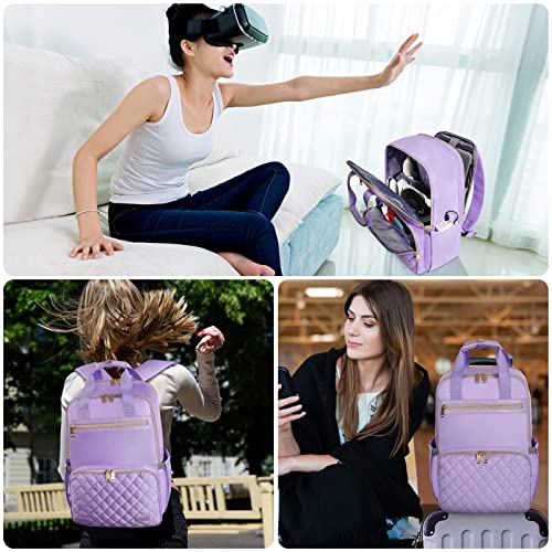 Carrying Case with Oculus Quest 2, Meta Quest VR Case for VR Headset with Elite Strap, Touch Controllers Accessories, Large Laptop Backpack for Women as Gift to Travel Outdoor and Home Storage, Purple