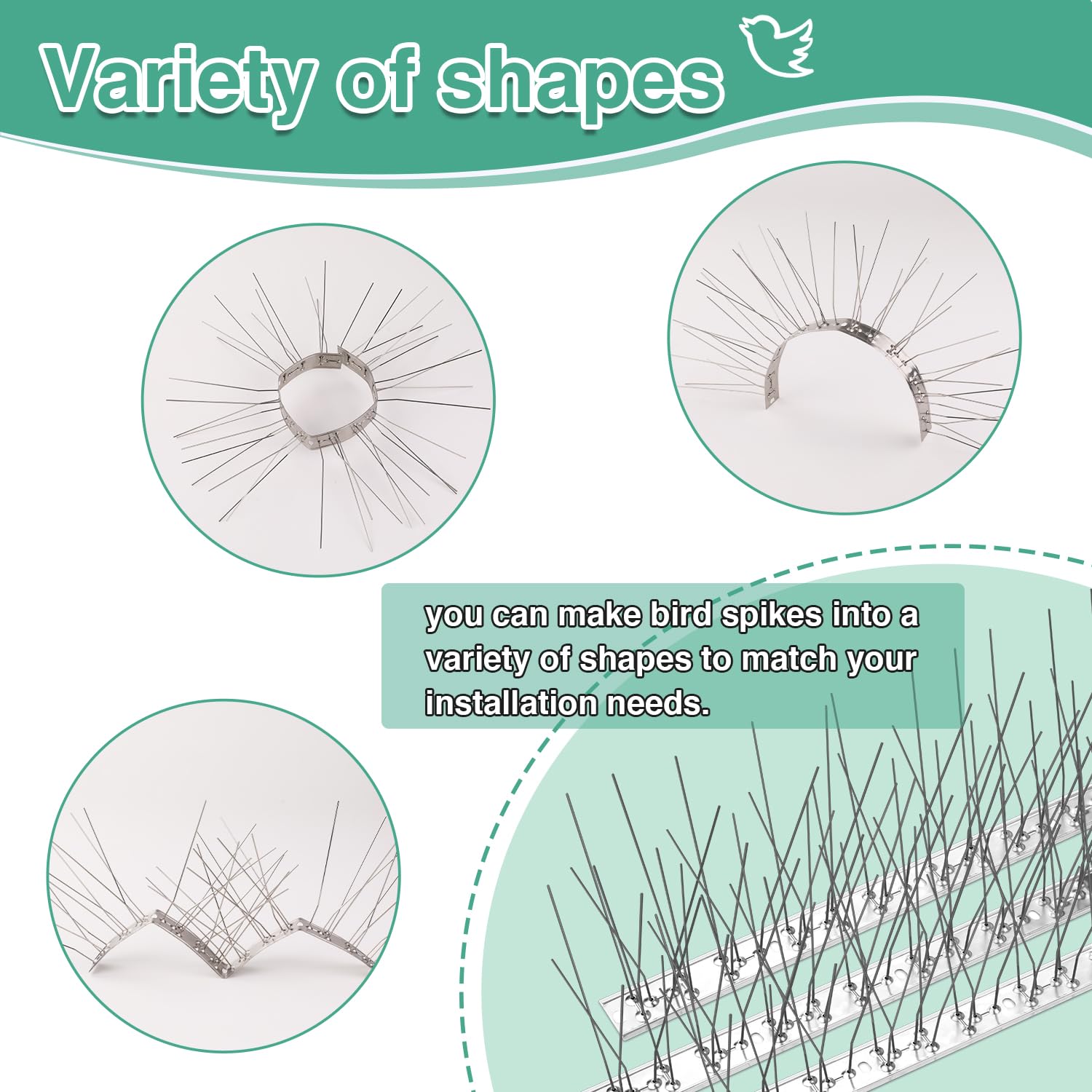 XPCARE 50.4 Feet Bird Spikes, Stainless Steel Bird Spikes Fence Spikes for Crow Robin Pigeon Squirrel Raccoon Defender Spikes (48 Packs Uninstalled)