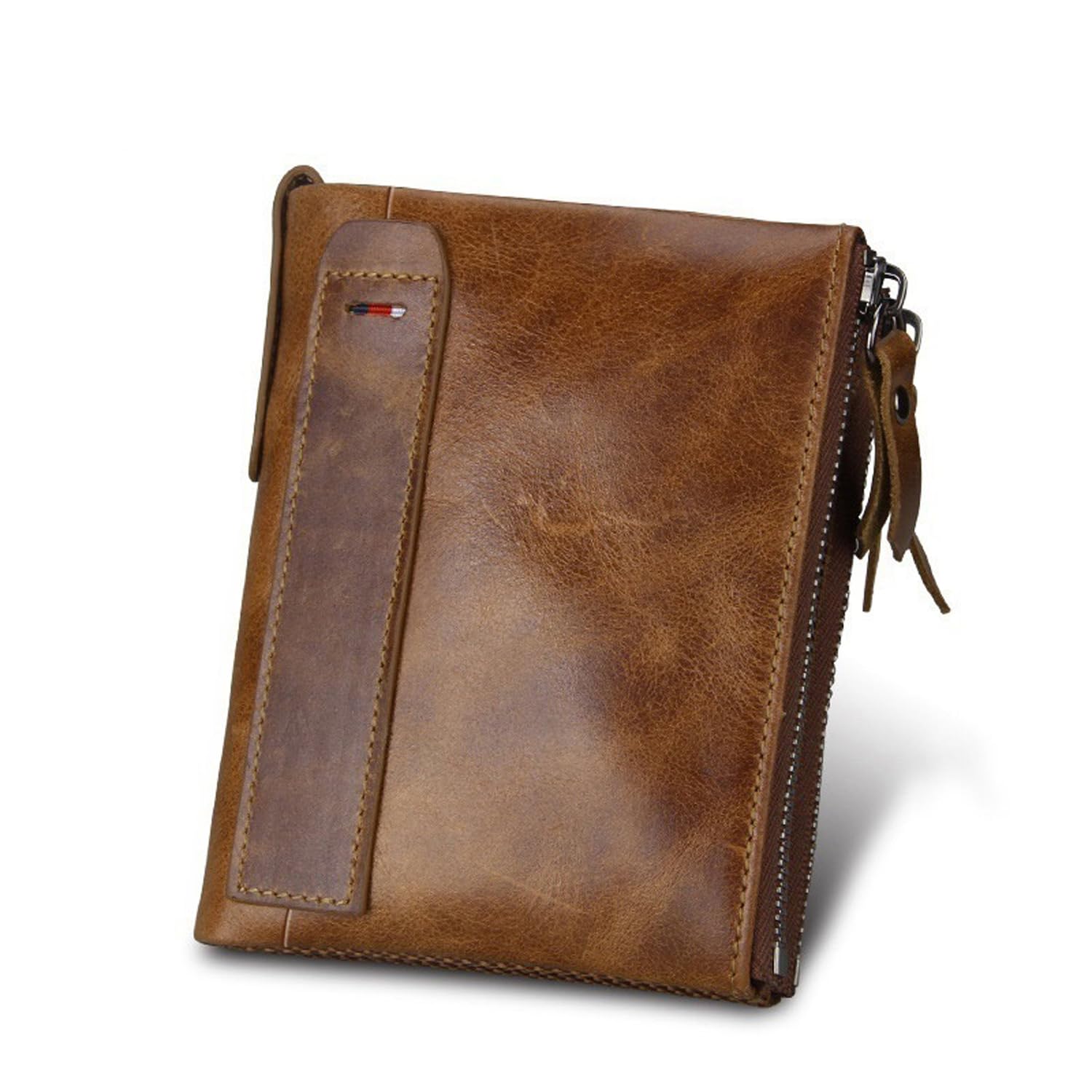 Alkenred small wallet for women Leather Bifold Compact Card Holder Zipper Pocket Wallet RFID Blocking Card Case Purse with ID Window(brown1)
