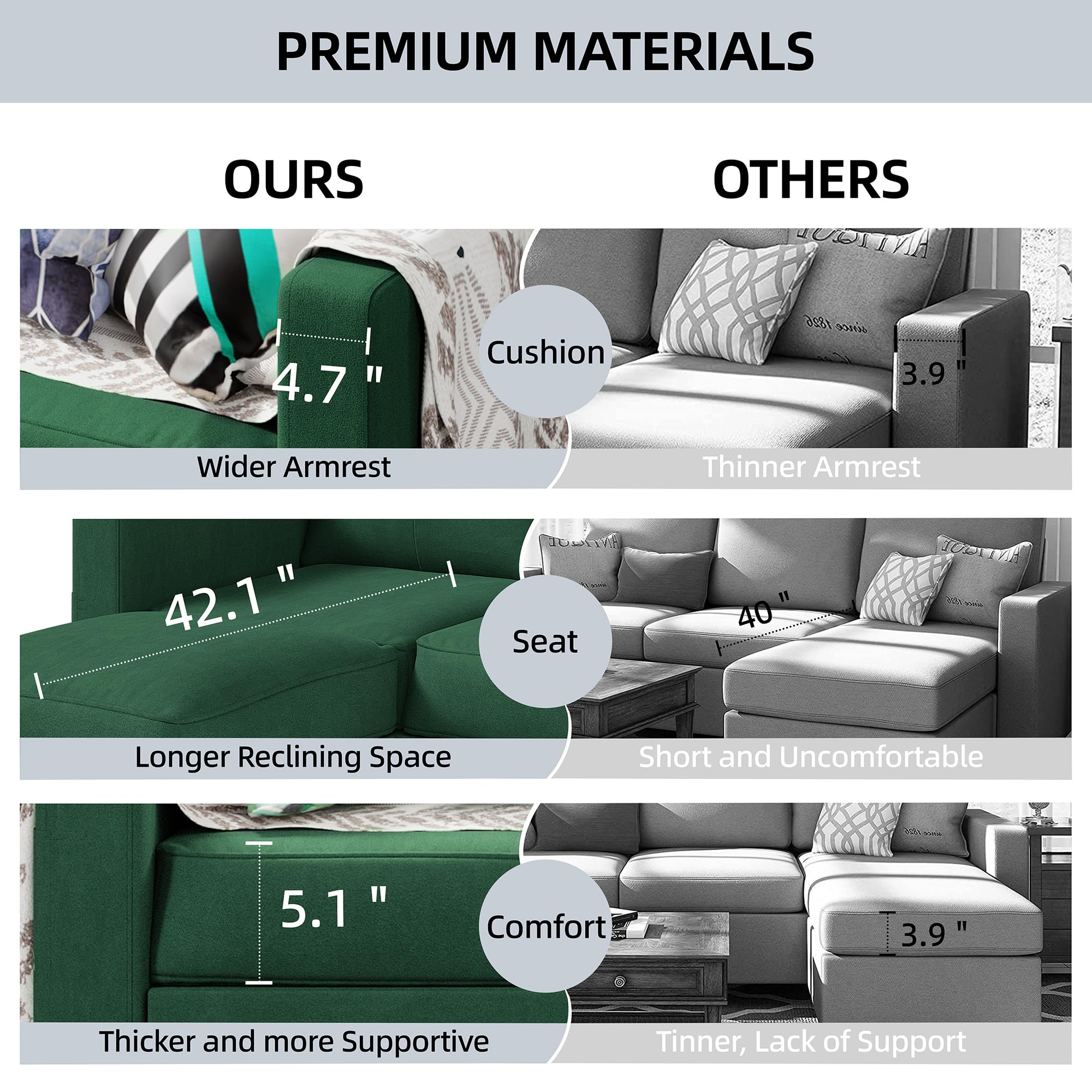 Shintenchi Convertible Sectional Sofa Couch, Modern Linen Fabric L-Shaped, 3-Seat Sofa Sectional with Reversible Chaise for Living Room, Apartment and Small Space (Green)