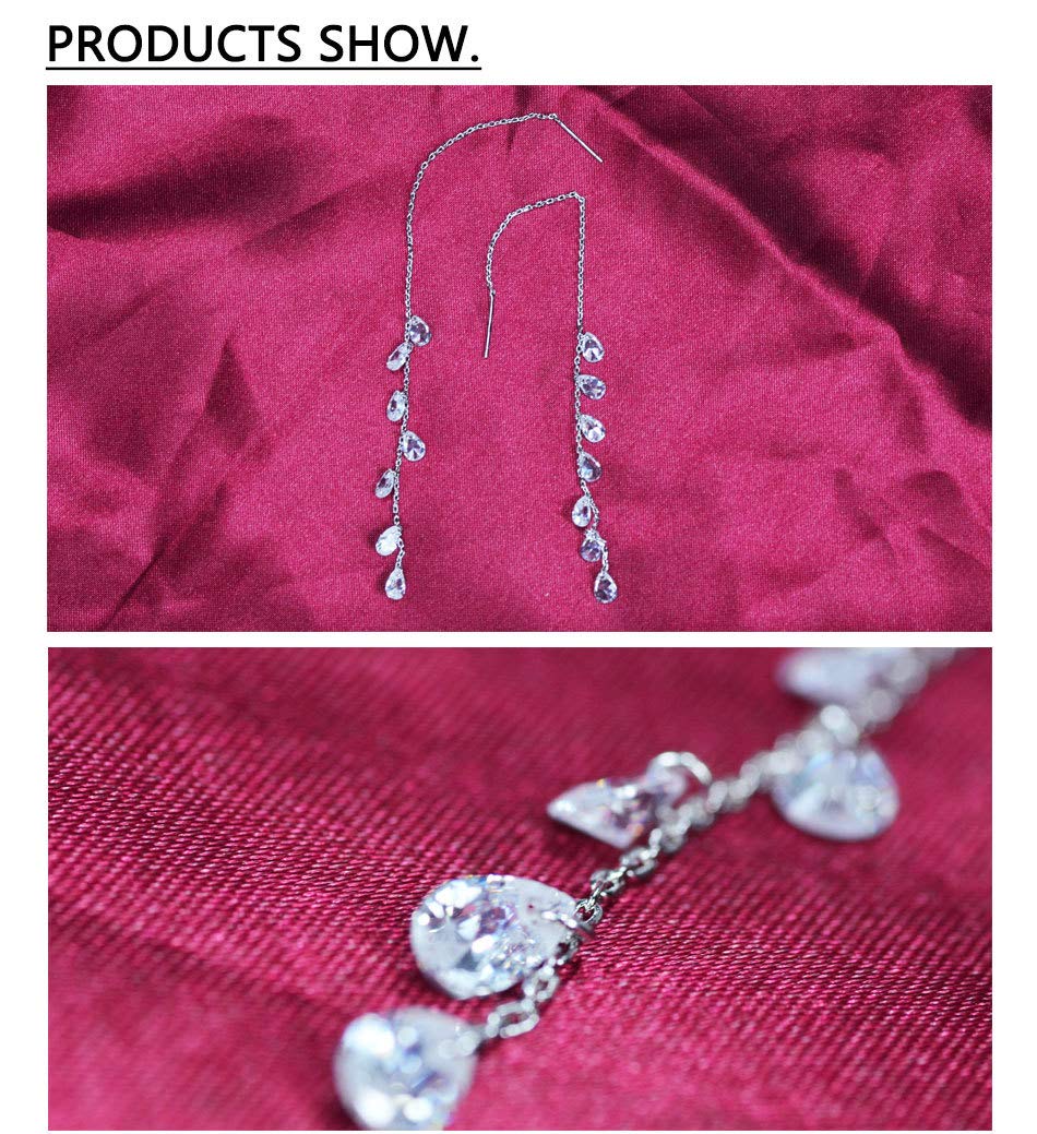 925 Sterling Silver Tassel Drop Earrings Long CZ Droplet Dangle Threader Earrings for Women