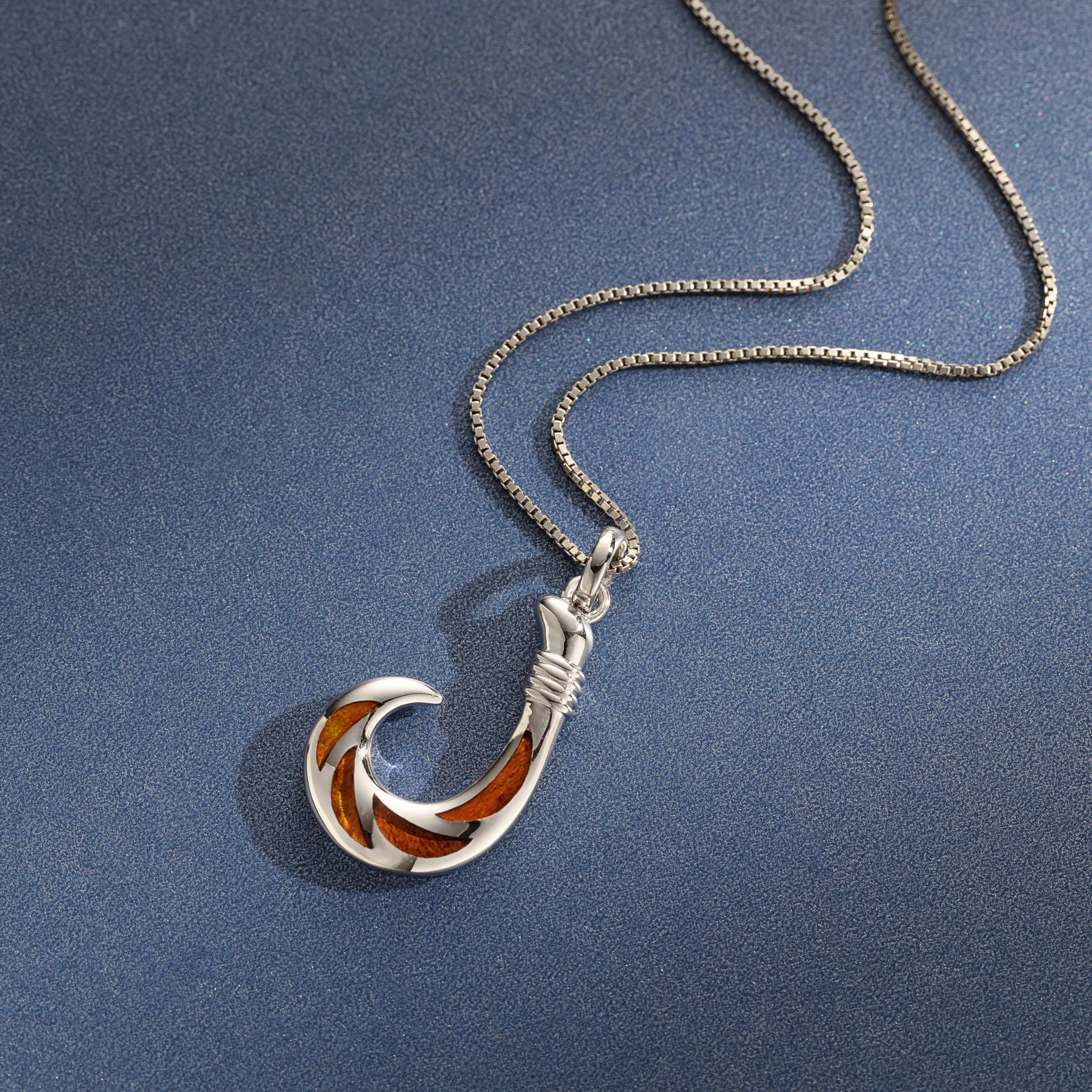 925 Sterling Silver Hawaiian Koa Wood Tree Inlay Fish Hook Necklace Pendant with 18" Box Chain, Nickle Free Hypoallergenic for Sensitive Skin, Gift Box Included (Koa Wood - Moana)