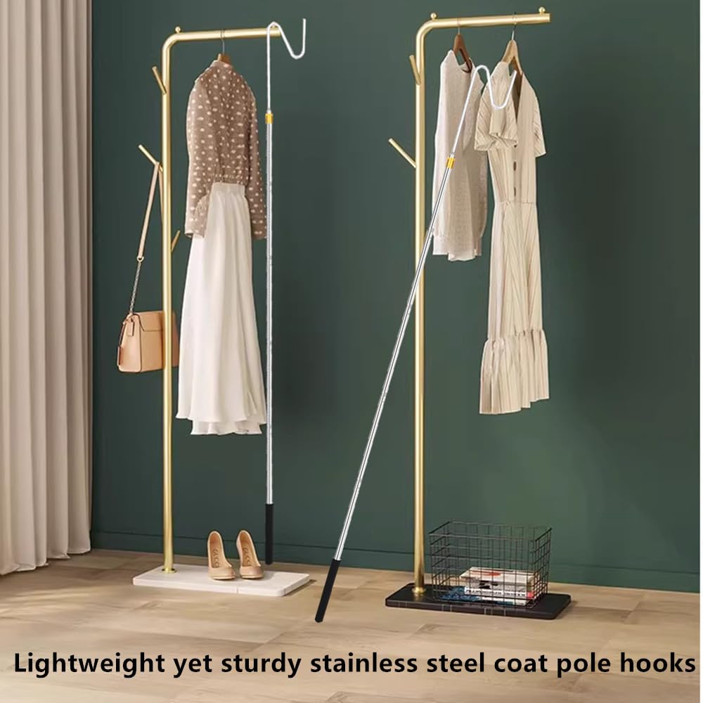 Cagaloi Clothes Hook Pole,30-74 inch Adjustable Extension bar Hooks.for Christmas Light Hook Poles, high Reach Garment Hook, Closet Hook Pole, Comfort Foam Handles (with Two Long Hooks)