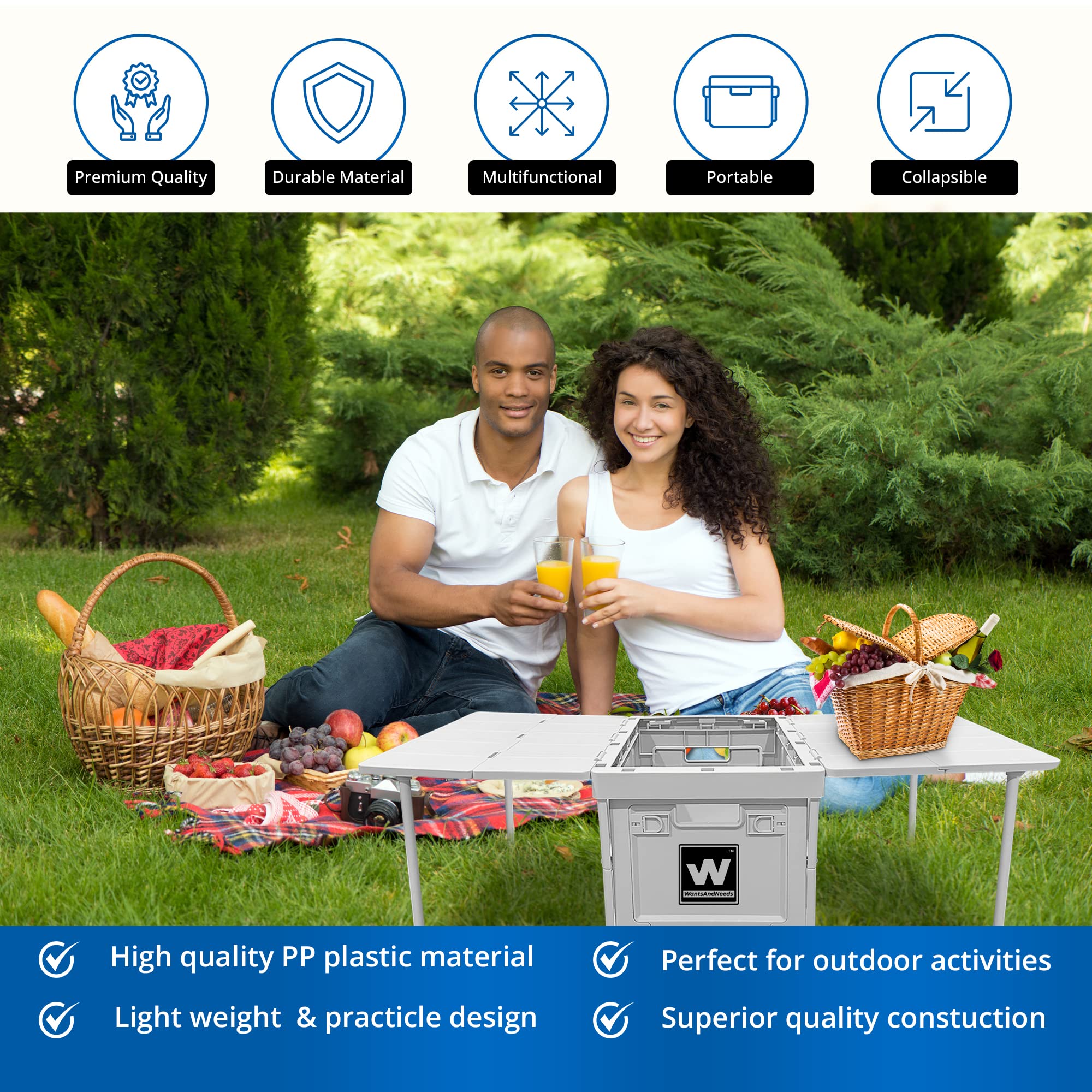 W WANTSANDNEEDS Folding Storage Bin β Collapsible Foldable Storage Bin with Folding Table β Storage Bin for Outdoor Activities, Football Tailgating, Hunting, Camping