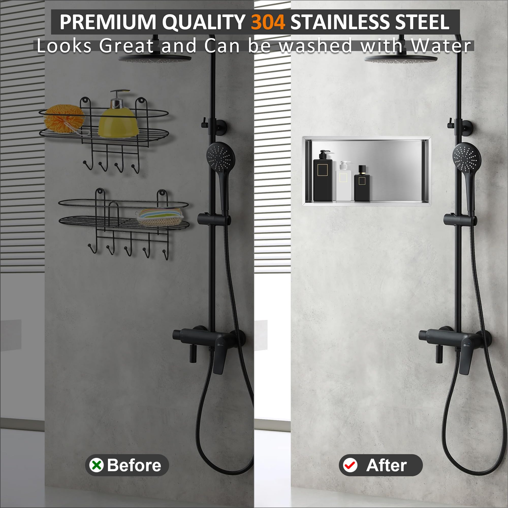 Besino Stainless Steel Shower Niche,24 X 12 Inch, Silver, Shower Niche for Bathroom Storage, No Tile Needed Recessed Shower Shelf