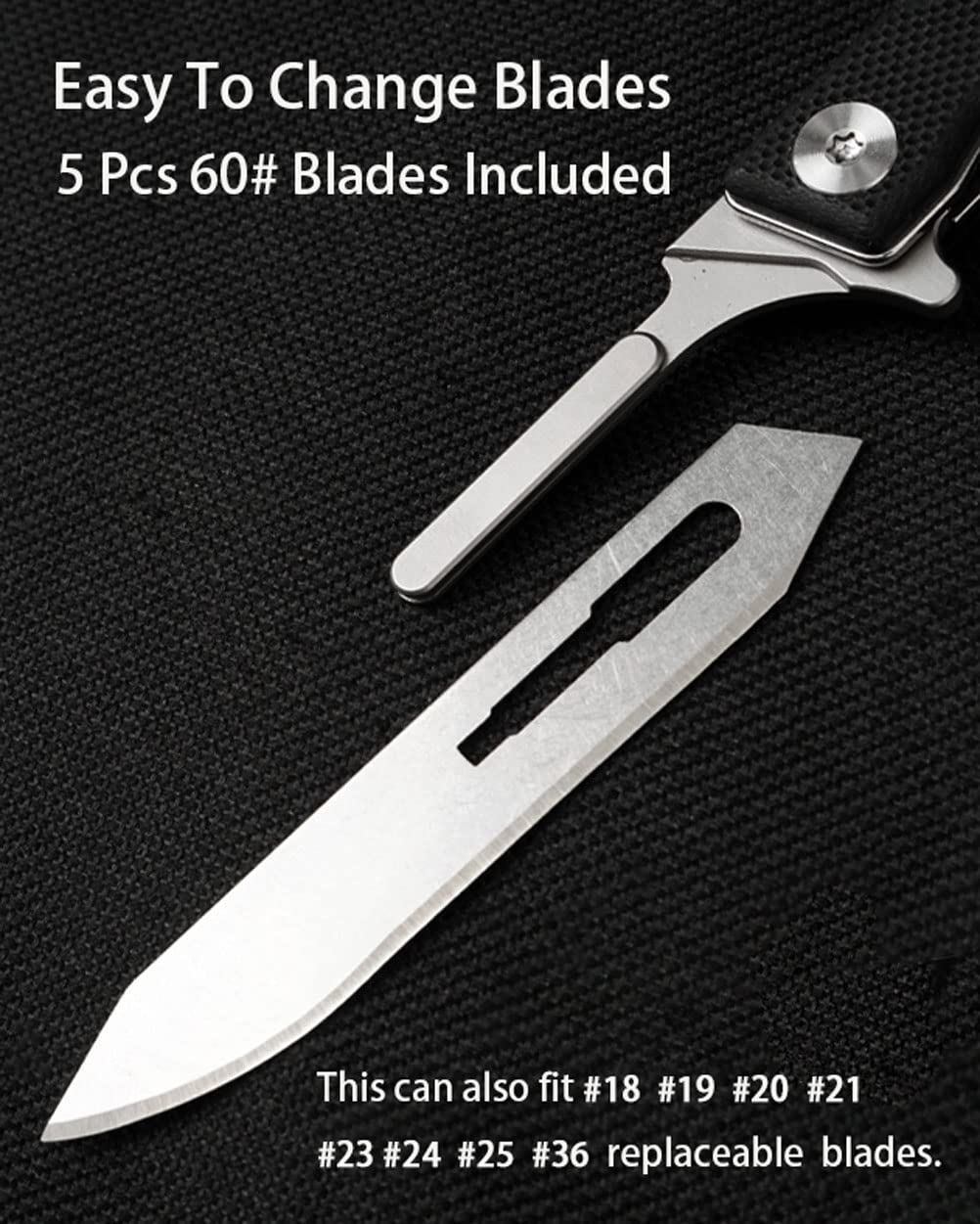 ainhue A35 Small Flipper Folding Pocket Scalpel Knife with 5pcs #60 Replaceable Blade, Black Texture G10 Handle with Liner Lock Pocket Clip, Utility Compact EDC Knives