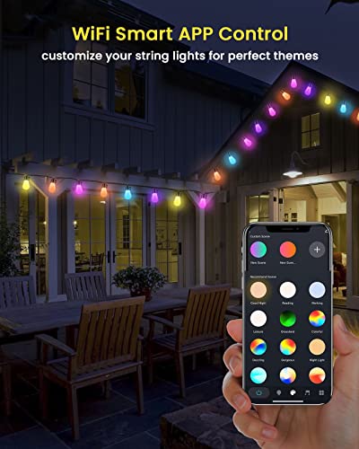 ASAHOM Smart Outdoor String Lights, 45FT Waterproof Dimmable RGB Patio Lights, 15 Shatterproof Multi-Color LED Bulbs, Voice & WiFi APP Control Lights, 30 Scene Modes, Connectable for Party Backyard