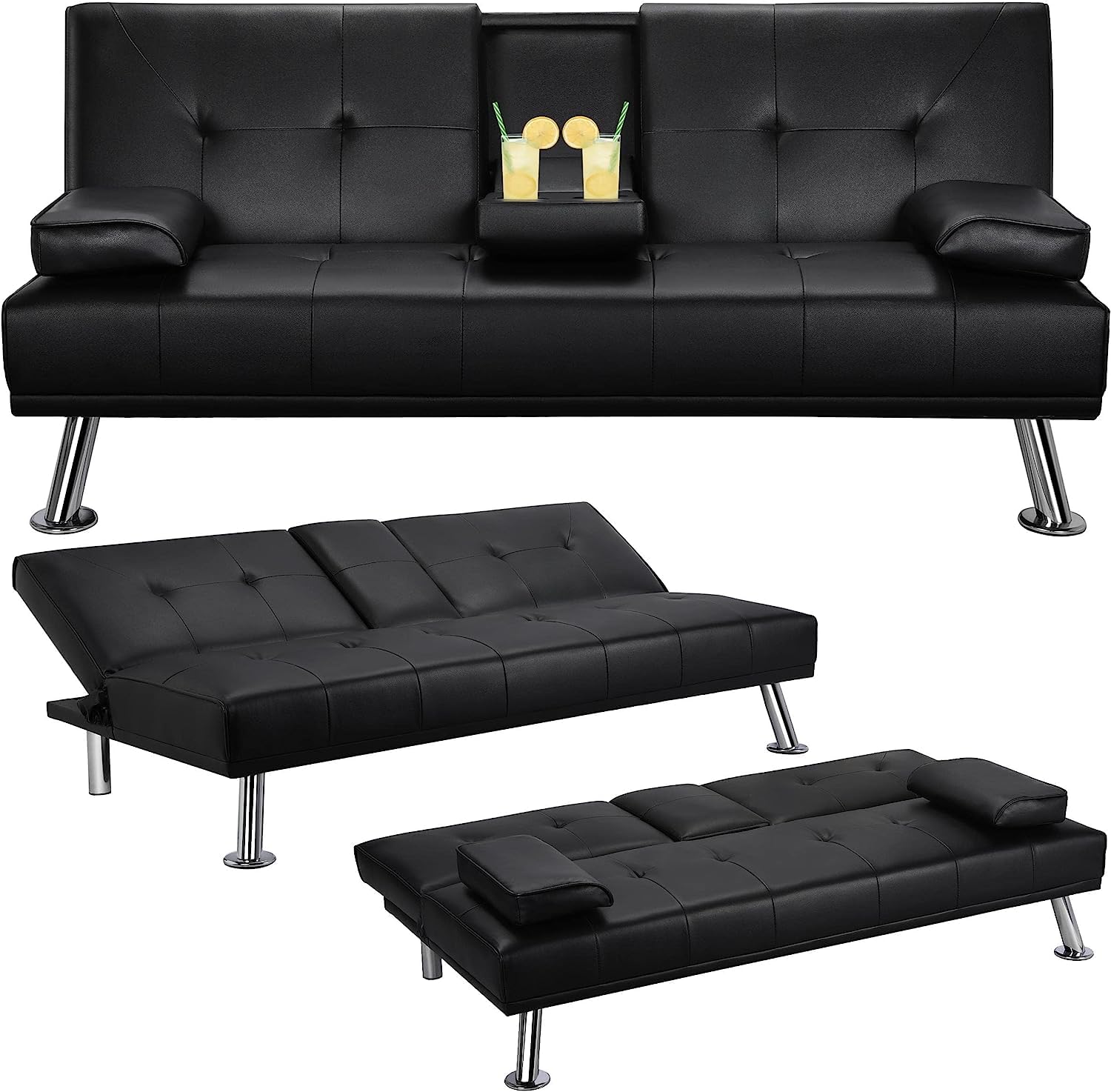 Anwickmak Convertible Futon Sofa Bed,PU Leather Modern Couch Loveseat Sleeper, Folding Daybed Guest Bed, Removable Armrests, 2 Cup Holders, Metal Legs (Black)