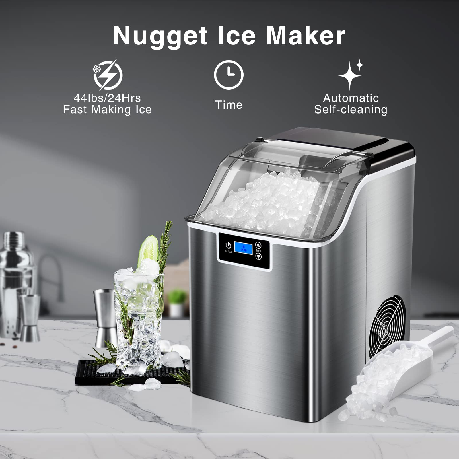 R.W.FLAME Nugget Ice Maker Countertop, Pebble/Pellet Ice Maker,Ice Ready in 10-15 Mins, 44Lbs/24H, Auto Self-Cleaning, with LCD Screen for Home Office Party Bar,Silver
