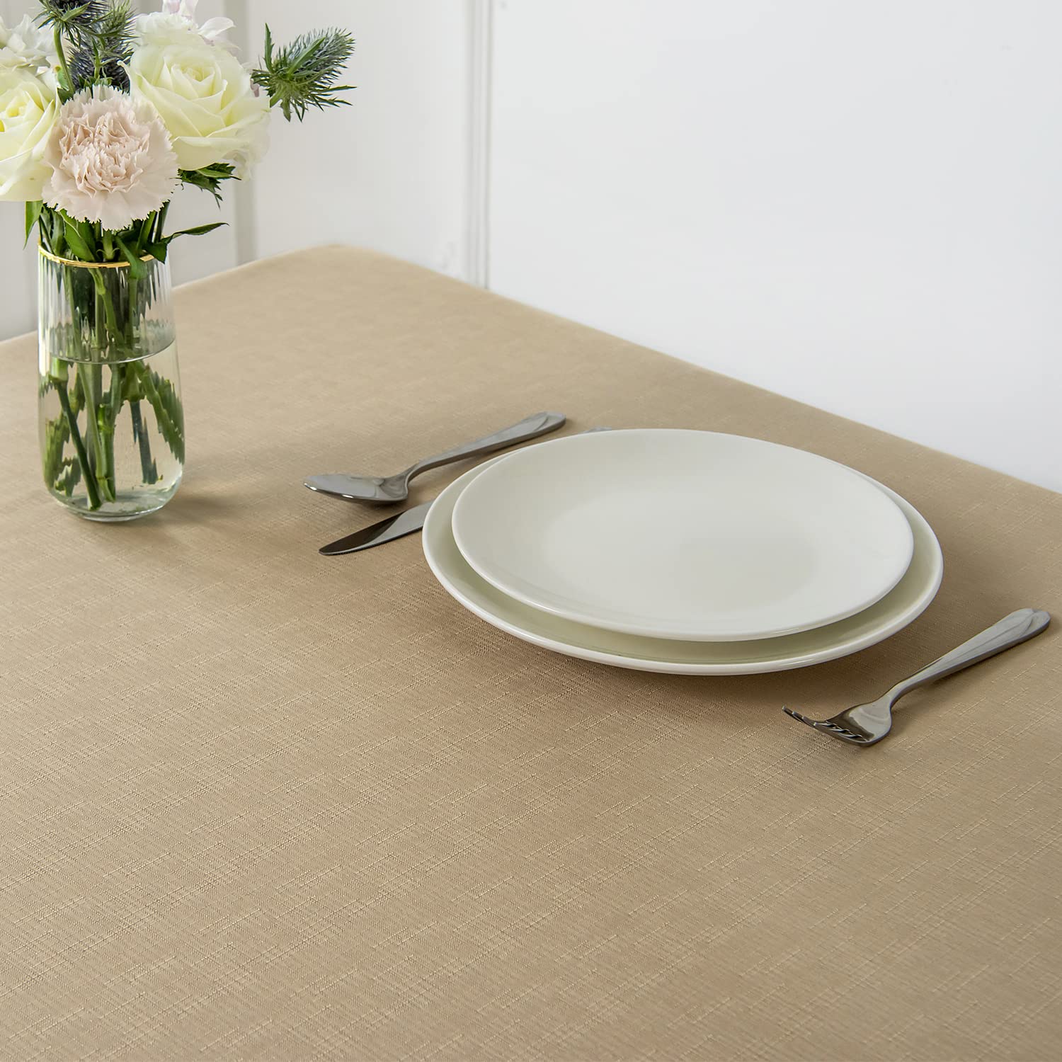maxmill Rectangle Slubby Textured Tablecloth Waterproof Spillproof Wrinkle Free Table Cloth, Kitchen Dining Tabletop Decoration, Fabric Table Cover for Holiday Dinner Parties, 52 x 70 Inch, Beige