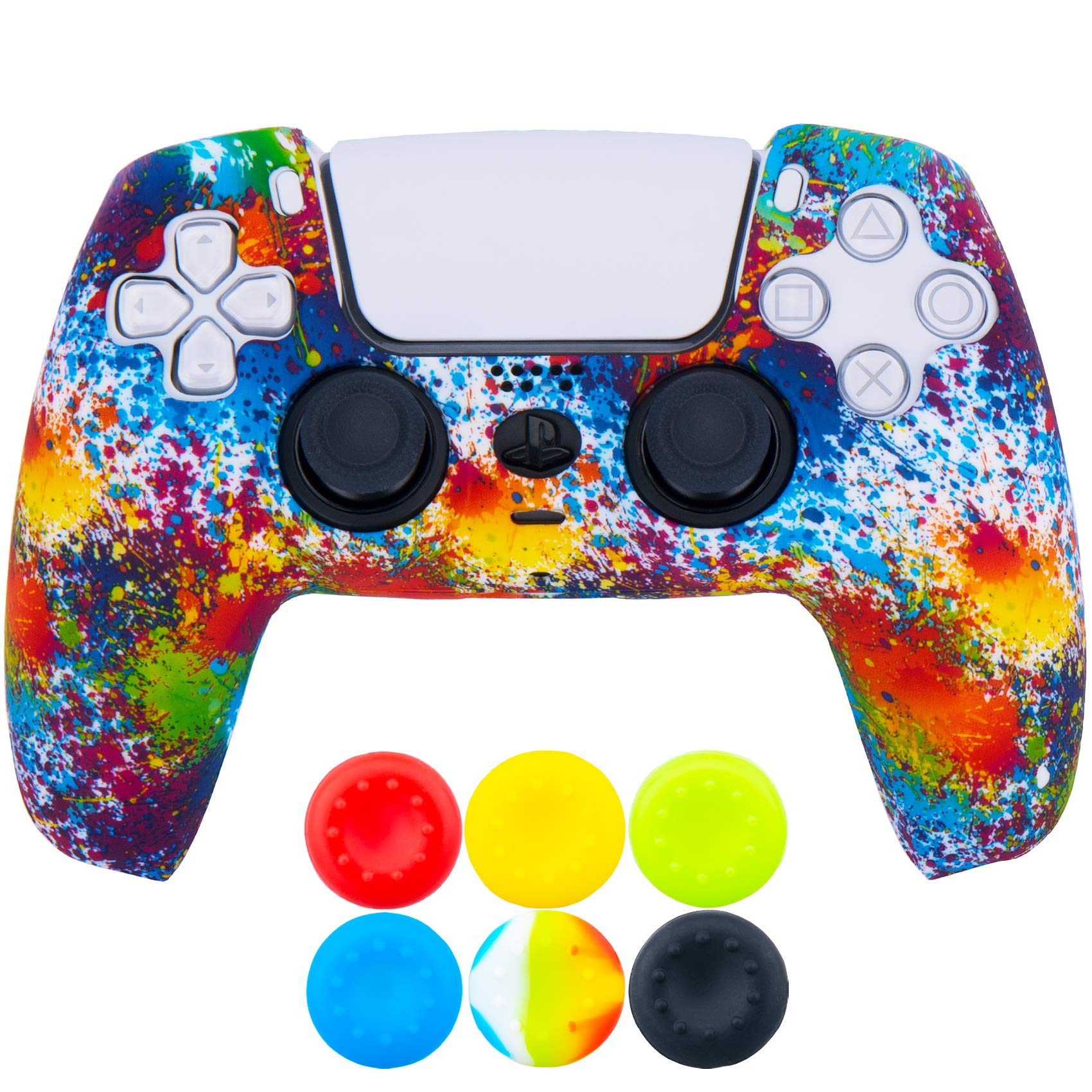9CDeer 1 Piece of Silicone Transfer Print Protective Thick Cover Skin + 6 Thumb Grips for Playstation 5 / PS5 Controller PaintS