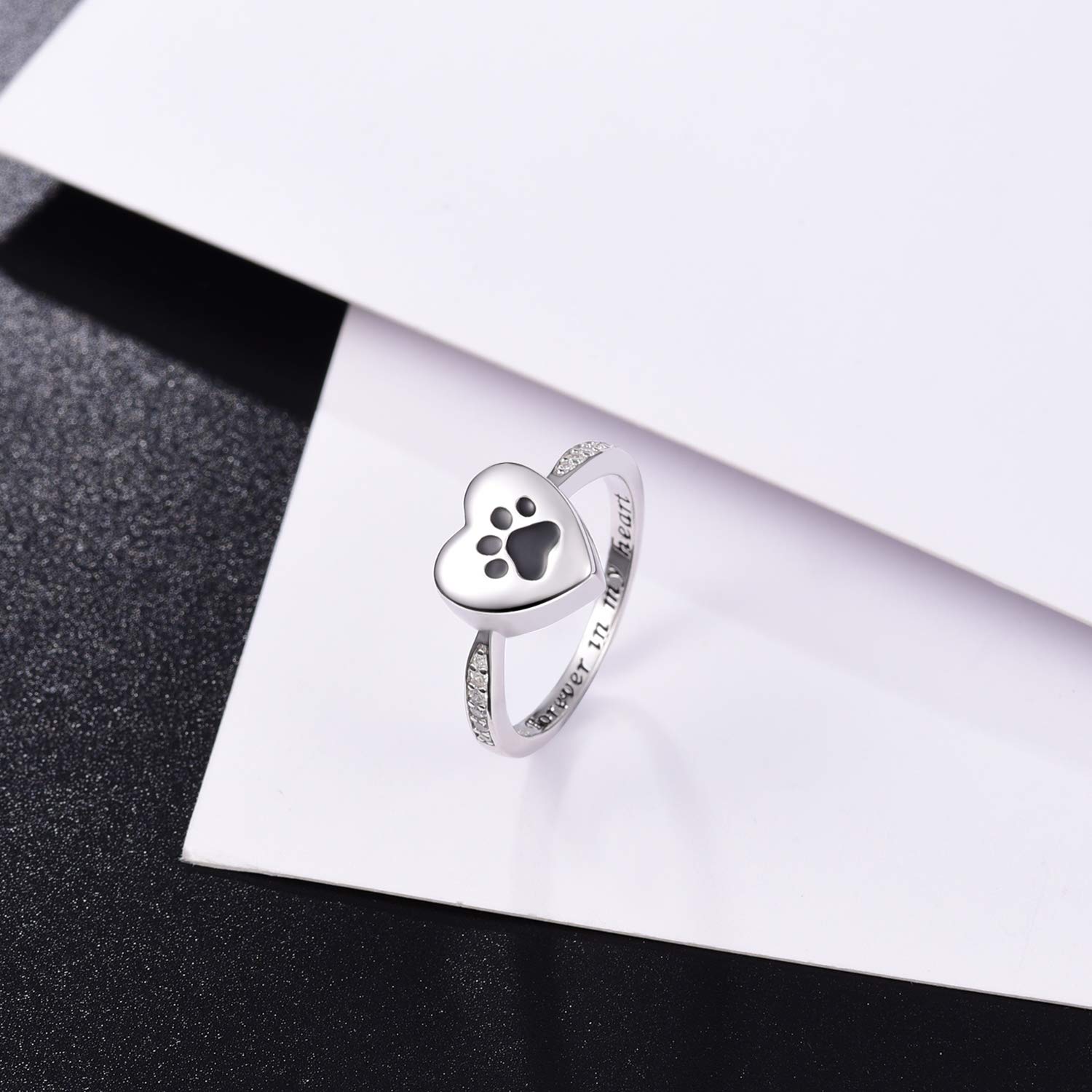 925 Sterling Silver Love Heart Urn Ring for pet Dog Cat's Ashes Keepsake Memorial Tiny Jewelry Forever in My Heart Paw Print Cremation Finger Rings(black 8)