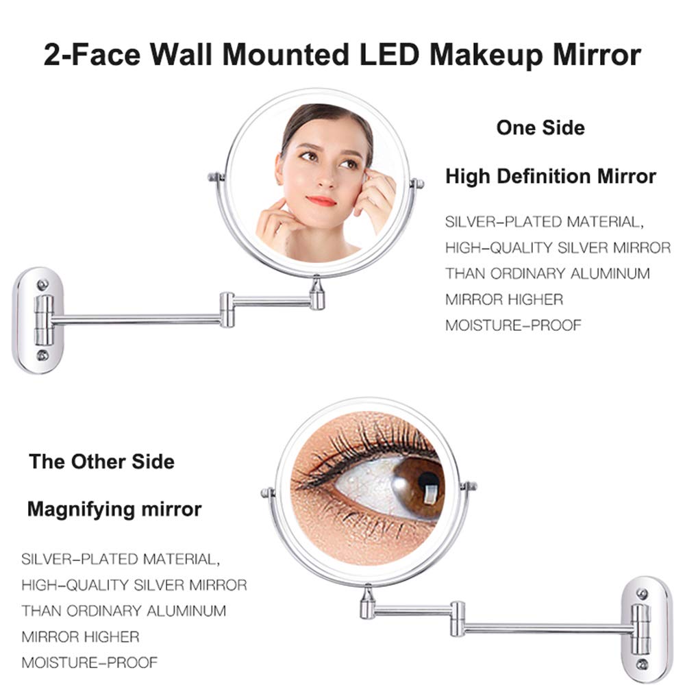 8 Inch Makeup Mirror, 7X Wall Mounted Magnifying Vanity Mirror with Lights 360 Degree Rotation Adjustable Extending Folding Bathroom Mirror for Dressing Table, Makeup Room