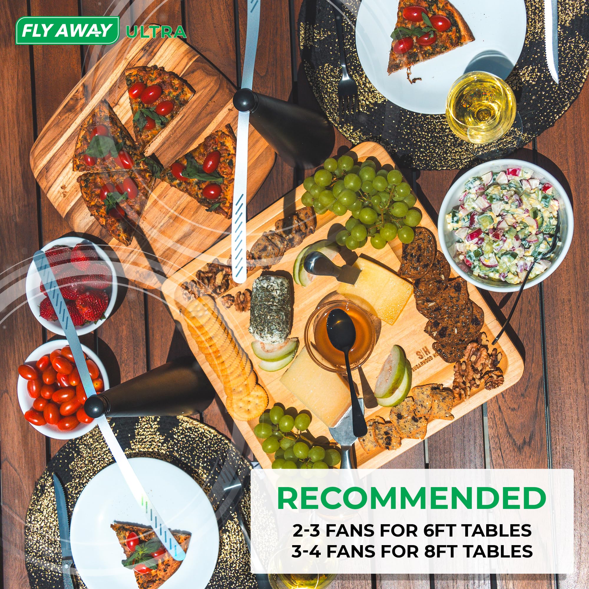 Fly Away - 3 Pack Outdoor Fly Repellent Fan, Outside or Inside Table use, Restaurant, Barbeque, Events, Deter Flies, Wasps, Bees, Other Moscas and Bugs Away, Battery Operated, Tabletop, Hanging Hook.