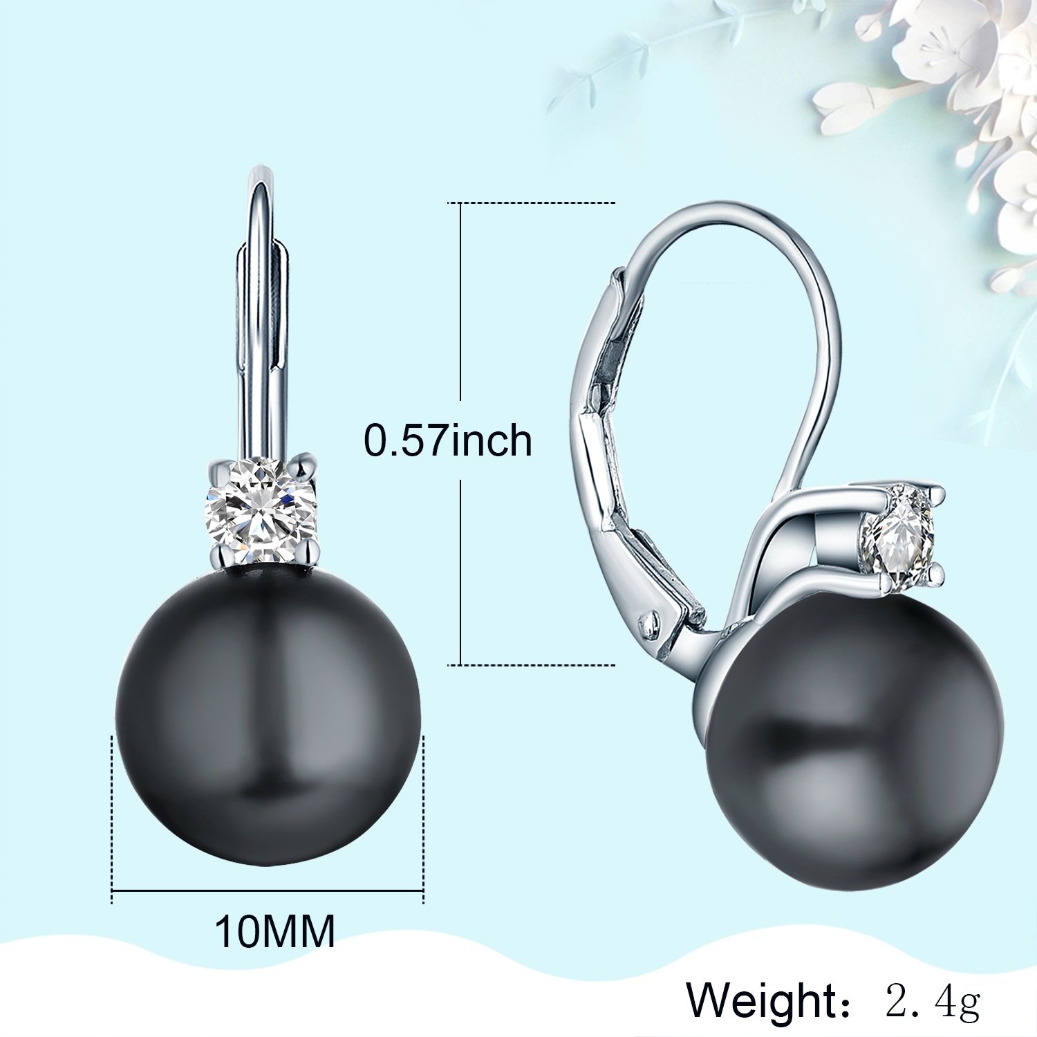 925 Sterling Silver Cubic Zirconia Black Freshwater Cultured Pearl Drop & Dangle Leverback Earrings (10mm black pearl)