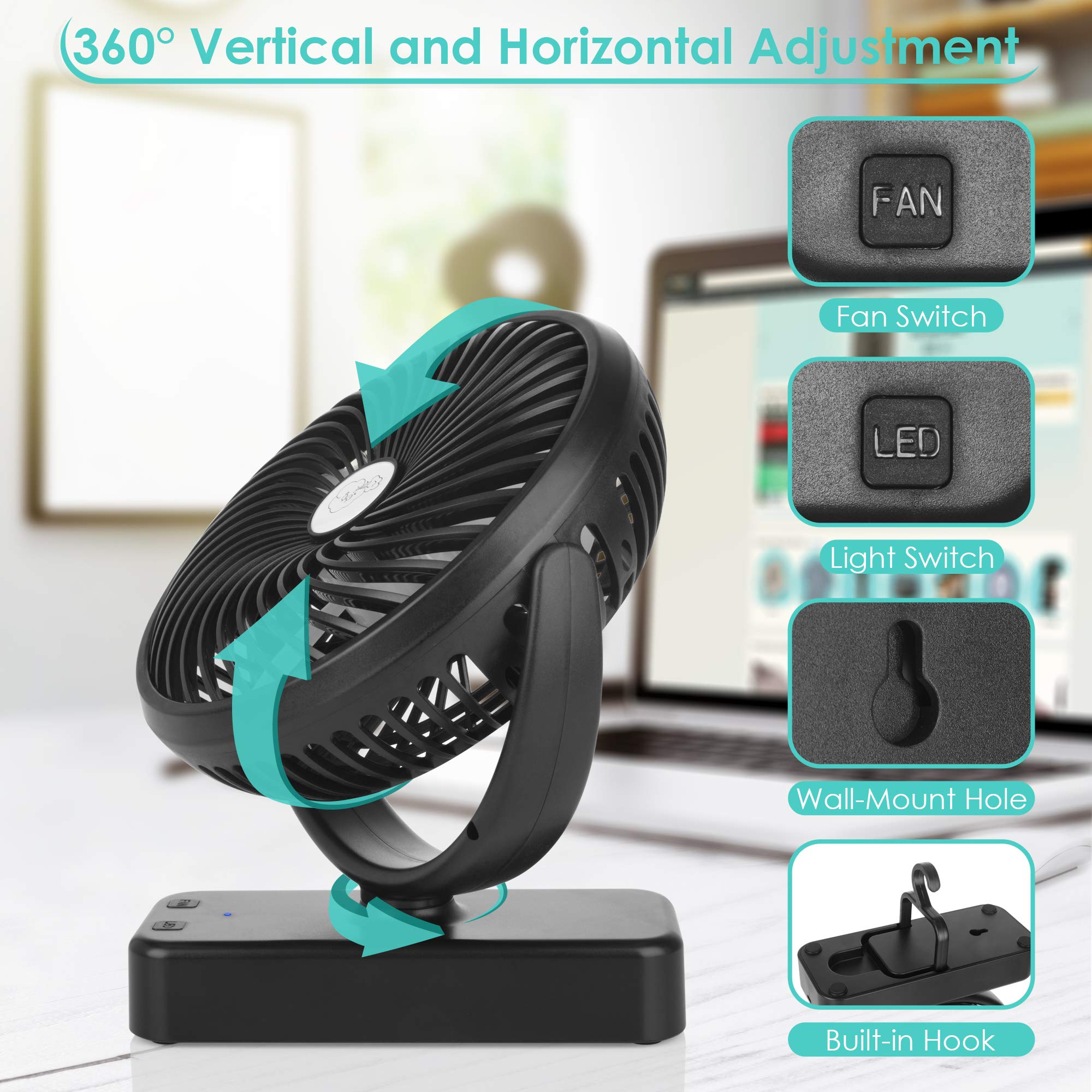 7-Inch Desk Fan, USB Operated Desktop Fan With 3 Speeds, Hanging Hook, LED Lantern, Table Cooling Fan for Home Office and More