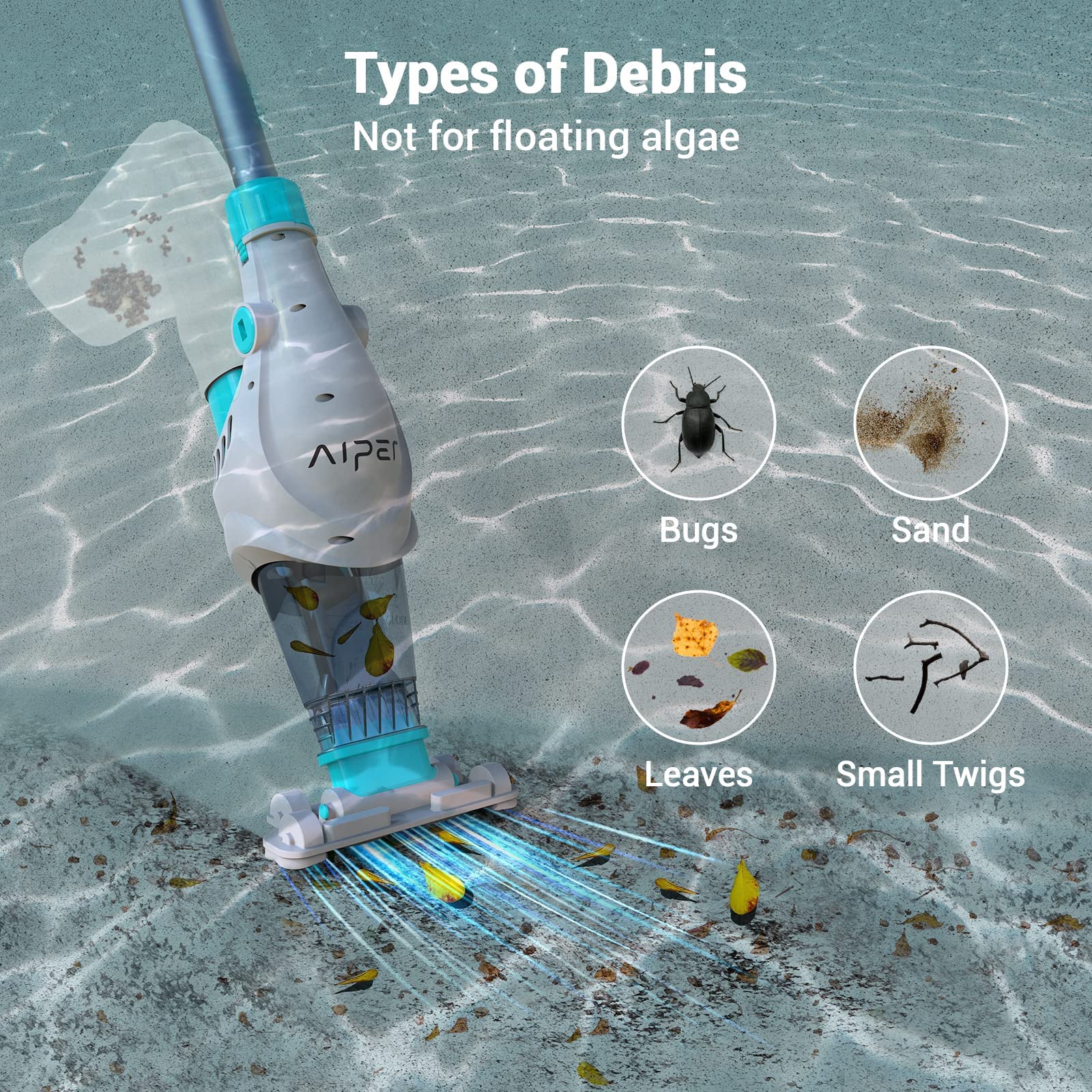 AIPER Cordless Pool Vacuum, Handheld Rechargeable Pool Vacuum Cleaner, Over 60 mins Running Time, Perfect for Above Ground Pools and In-Ground Pools, for Leaves, Sand and Debris