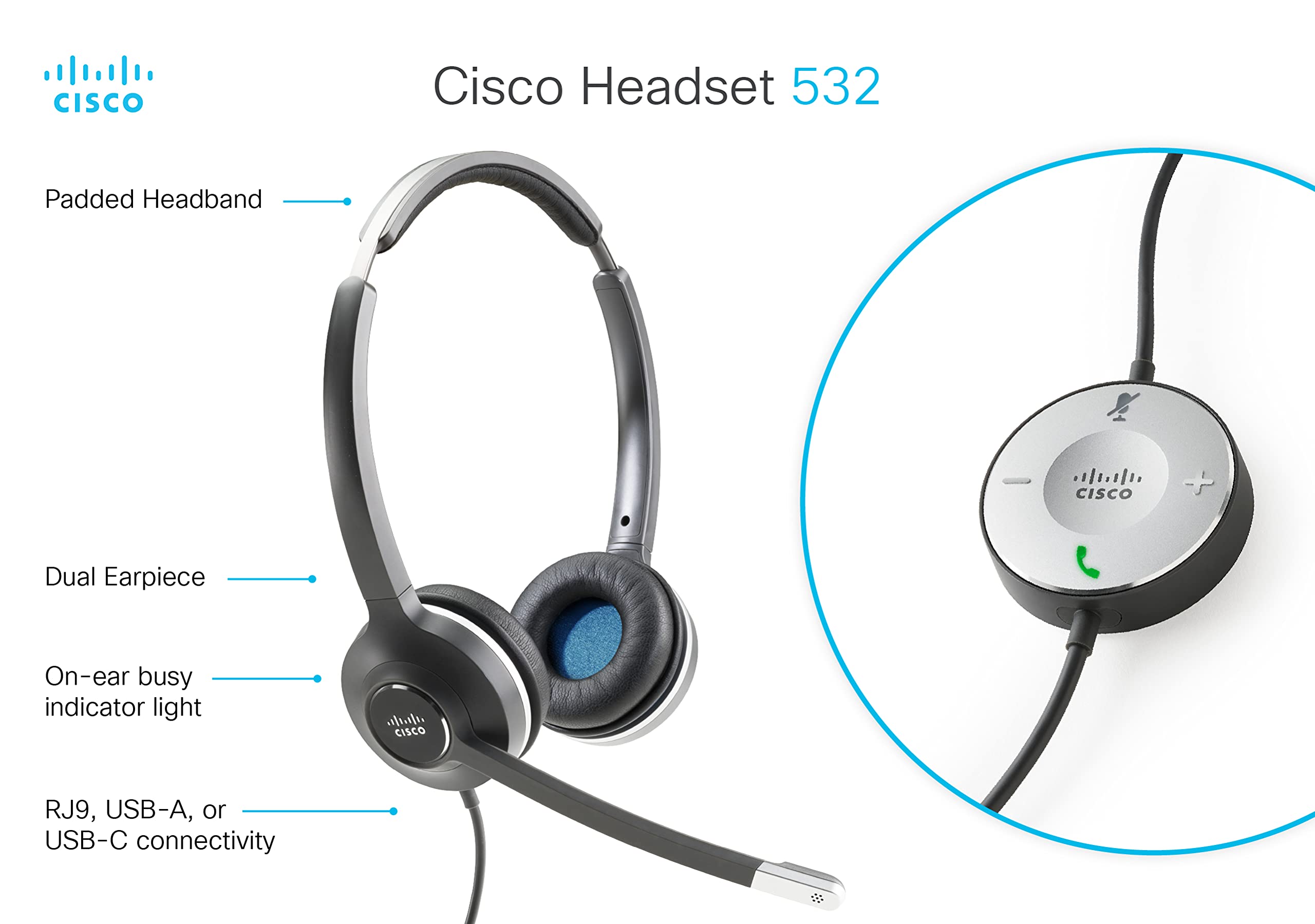 CISCO Headset 532, Wired Dual On-Ear Quick Disconnect Headset with USB-C Adapter, Charcoal, 2-Year Limited Liability Warranty (CP-HS-W-532-USBC)
