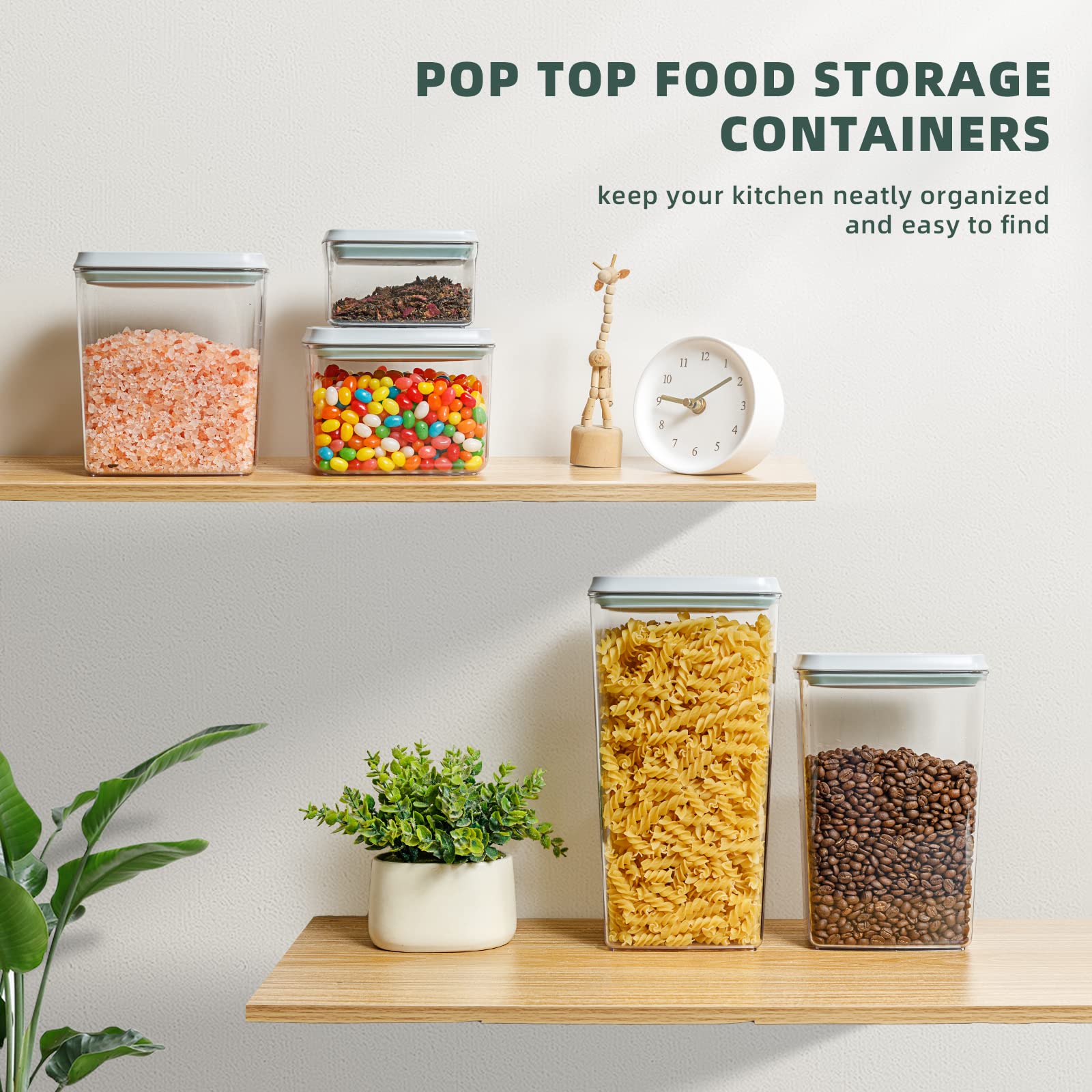 Tourdeus Pop Up Lid Food Storage Containers, Clear Storage Containers for Pantry Airtight Kitchen Containers Storage Set - 5 Pack for Cereal, Flour and Sugar, 3.5Qt, 2.9Qt, 2.1Qt, 1.3Qt, 0.6Qt