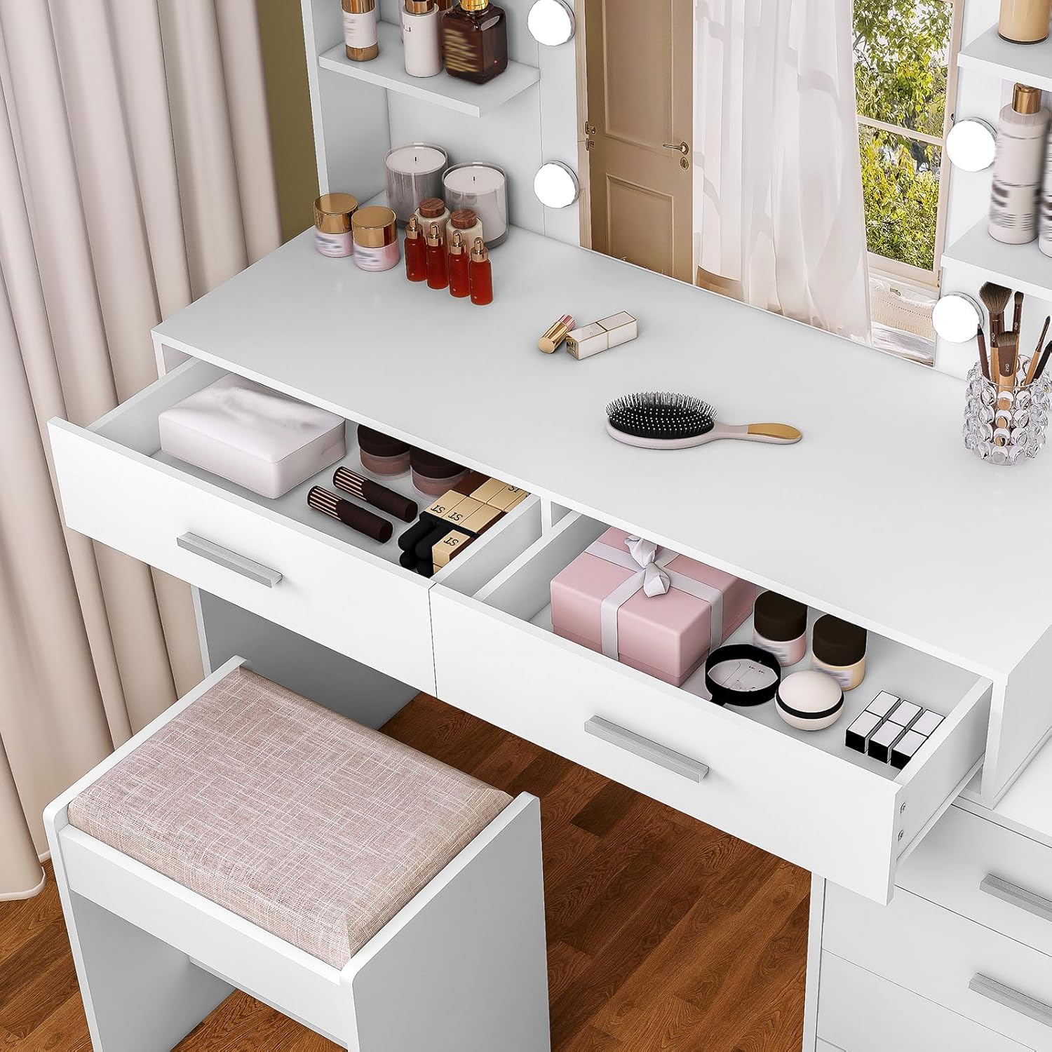 FIONESO Vanity Desk with Mirror & Lights, Makeup Vanity with 6 Drawers, 6 Open Shelves and Power Outlet, 48β Storage Makeup Vanity Desk with Stool Bench for Women, Girls, Bedroom, White