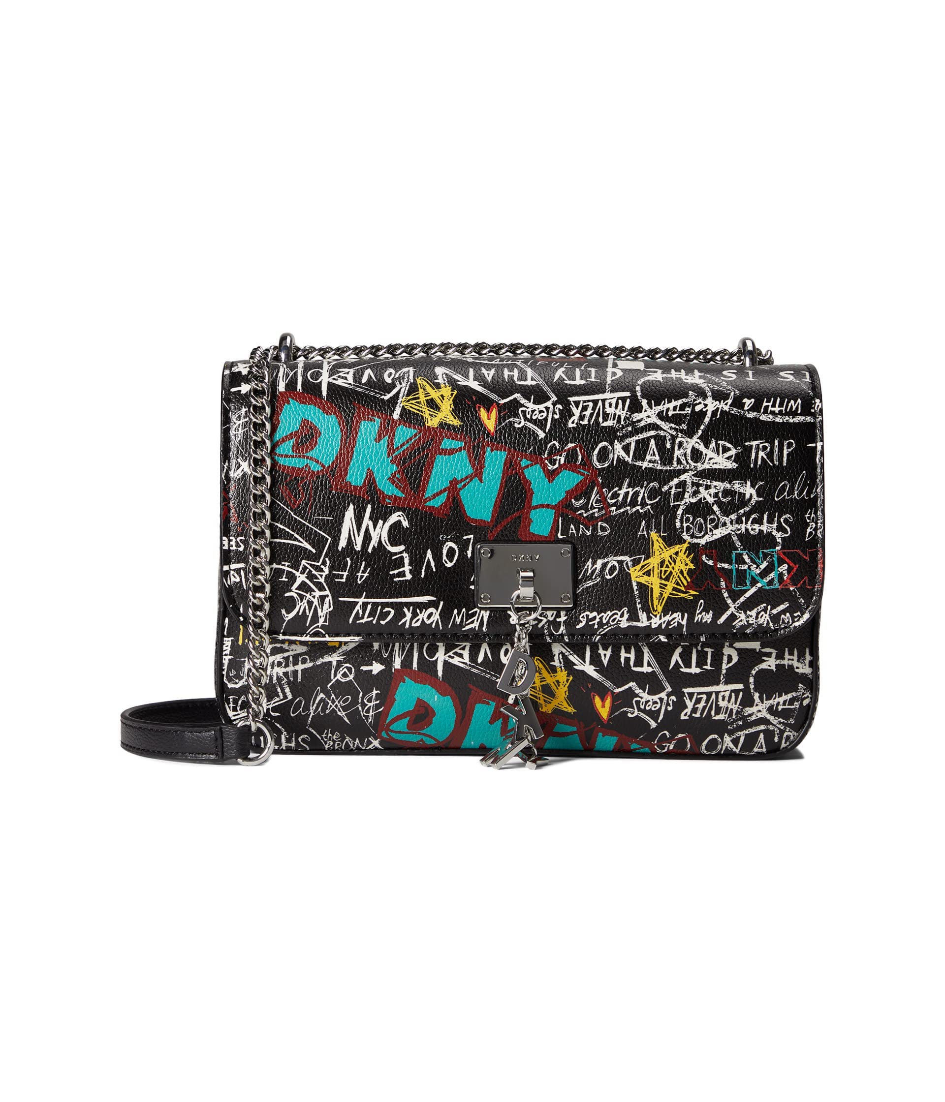 DKNY Cleo Medium Shoulder Flap Black Graffiti One Size
