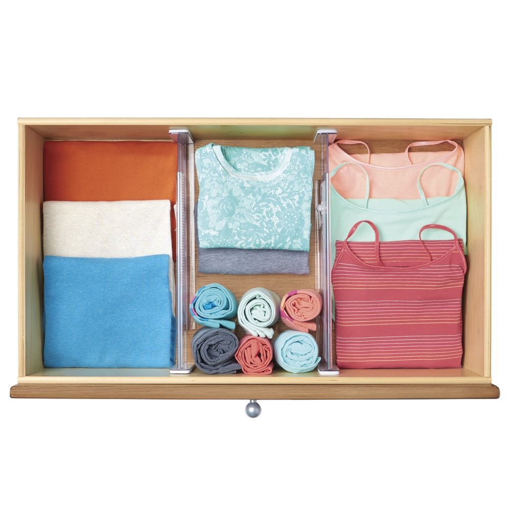 iDesign Drawer Dividers, Deep Adjustable Organiser System Made of Durable Plastic, Set of 2 Drawer Inserts for Wardrobe, Clear, 62420EU