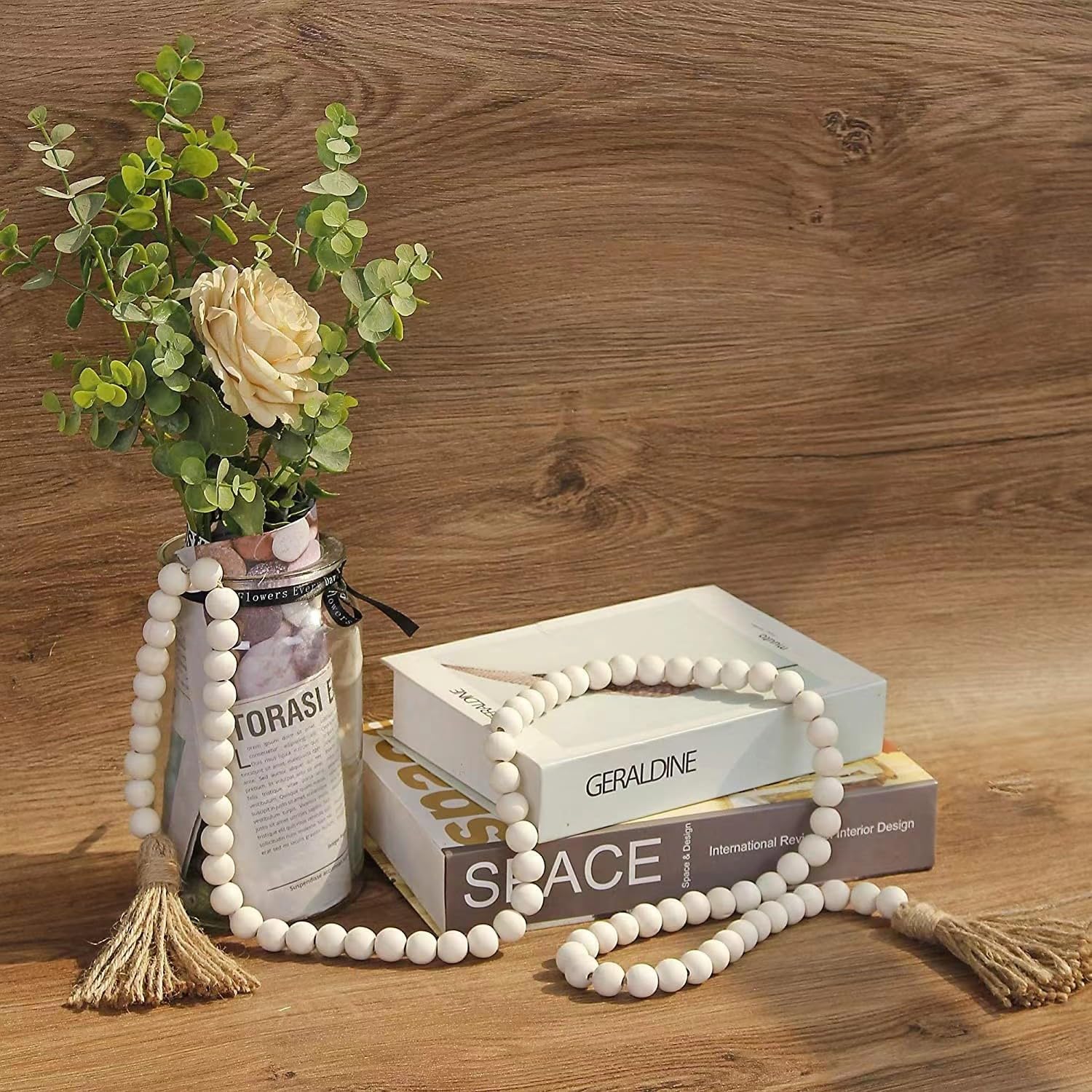 58 in Wood Bead Garland with Tassels, Farmhouse Beads Rustic Wooden Prayer Beads Boho Beads for Style Mirrors, Vases, Sideboards, Coffee Tables Decor (Nature)