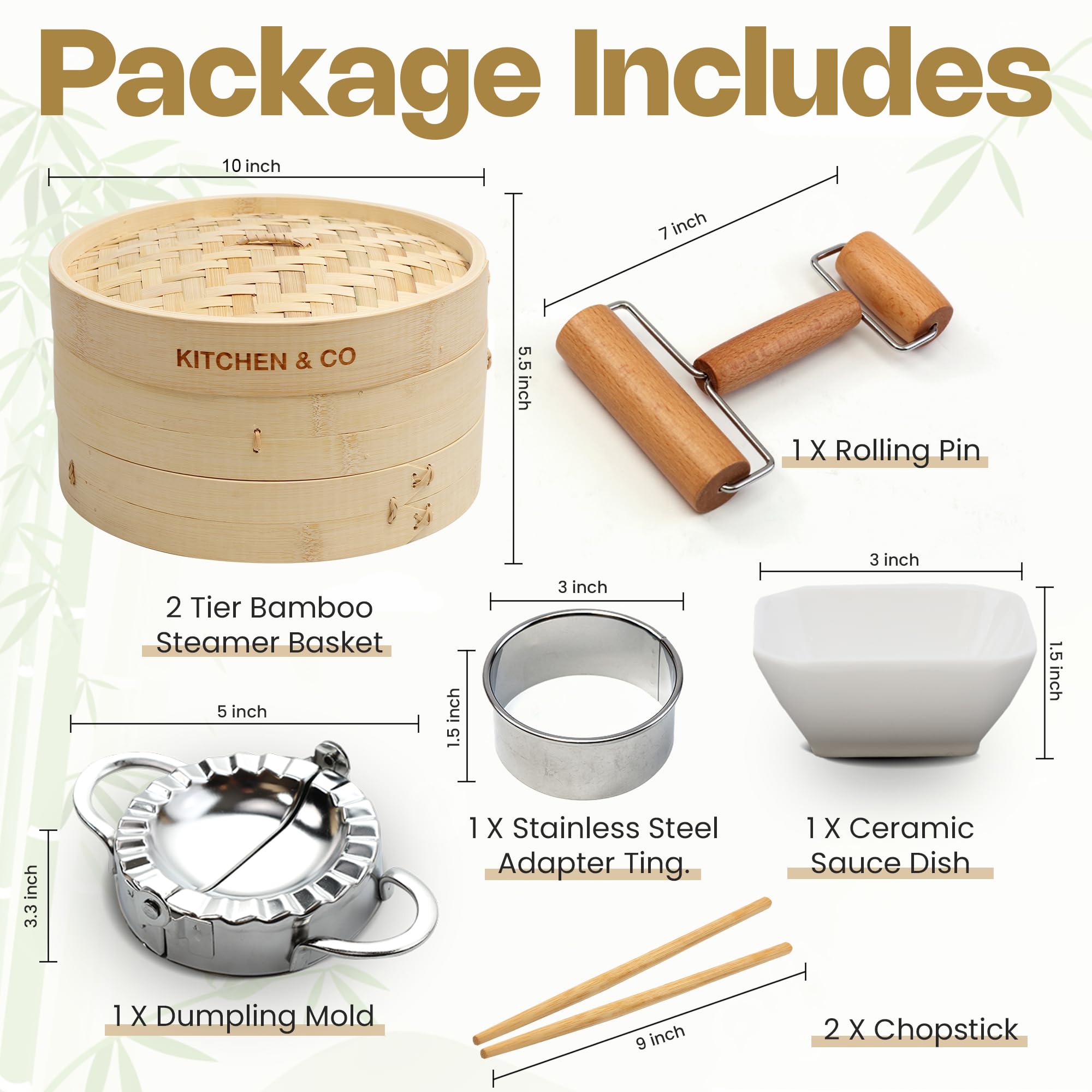 KITCHEN & CO 10-inch Dumpling Bamboo Steamer- Complete Set of 2 Tier Bamboo Steamer Basket 2 Chopsticks, 1 Rolling Pin, Ceramic Dish & More-Bringing Tradition to Your Table, One Steamed Dish at a Time
