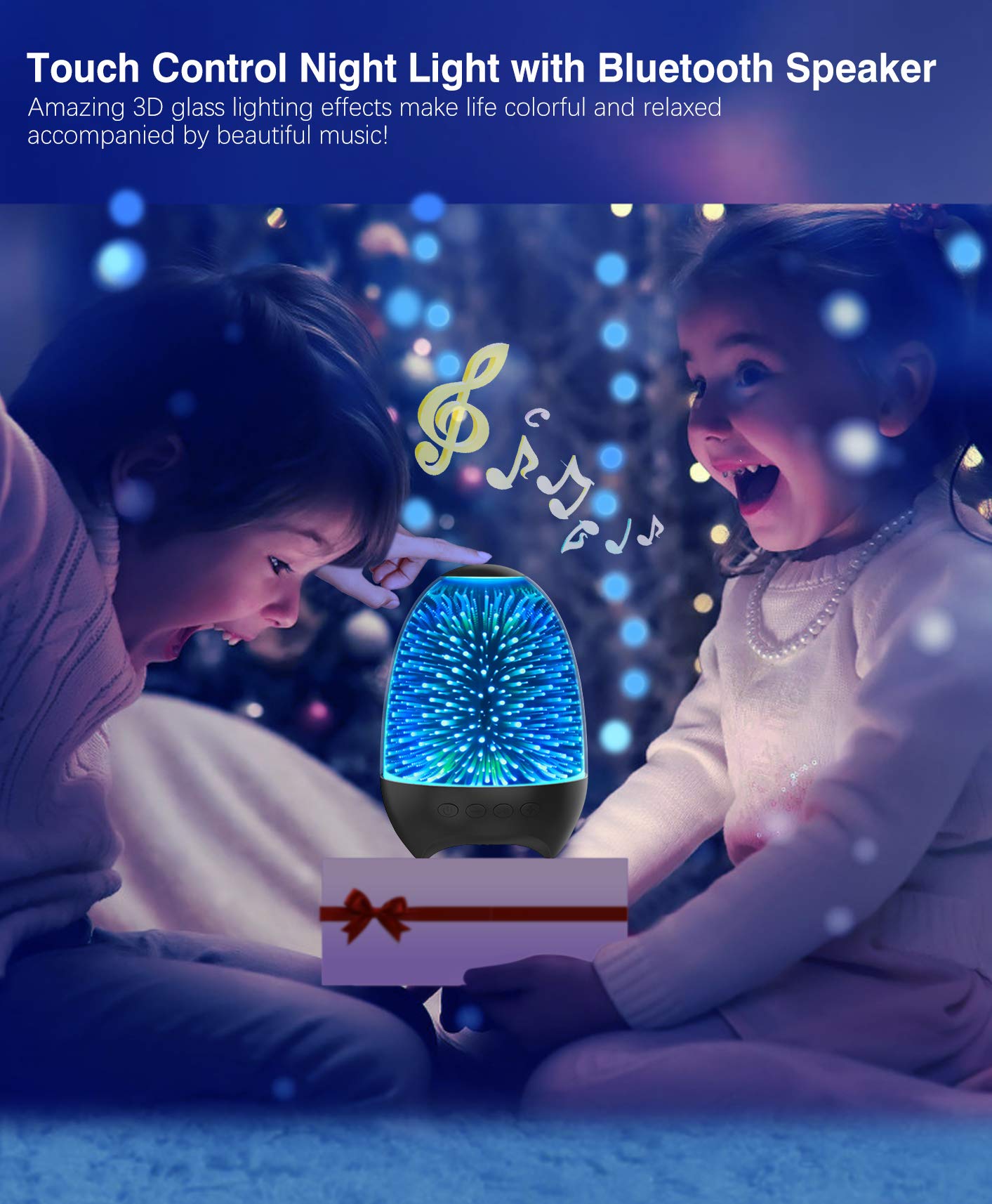 Aiscool Night Light Bluetooth Speaker, 3D Glass Music Bedside Table Lamp with 7 Colors, LED Touch Night Lamp Rechargeable Portable Lamp Gifts for Girls, Boys, Women, Men, Dad, Mom(Galaxy Black)