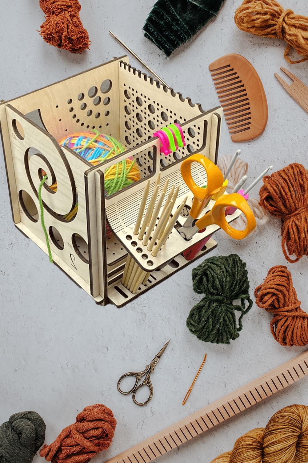 All in One Wooden Yarn Bowl for Knitting - Multi Purpose Yarn Ball Box for Crocheting - Multifunctional Knitting Tool - Gifts for Crochet Lovers