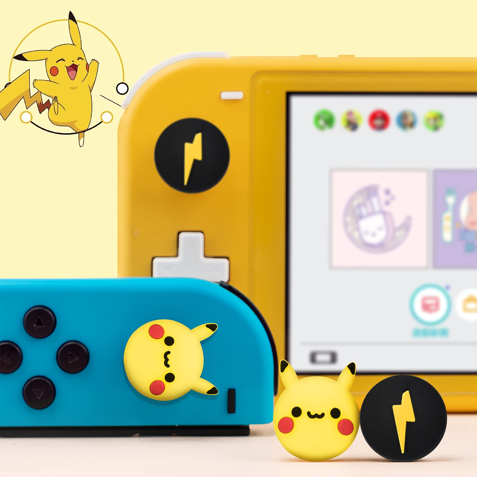 DLseego Thumb Grip Caps Compatible with Switch & Lite & OLED, Cute Joystick Caps Soft Silicone Protective Stick Cover 3D Analog 4PCS Grip Buttons for Joy Con Console Controller - Pikachu and Flash
