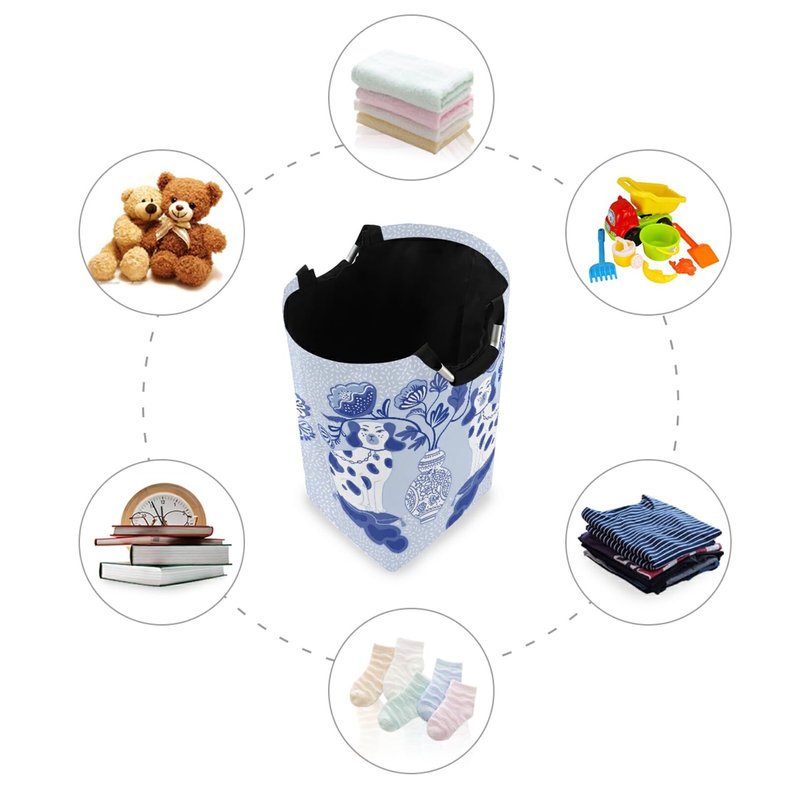 pnyoin Laundry Basket with Padded Handles, Collapsible Waterproof Laundry Hamper for Bathroom Bedroom, Clothes Hamper Stands Up Well(Staffordshire Dogs)