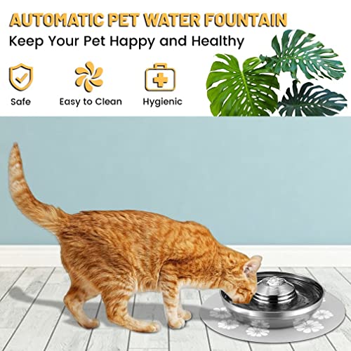 Cat Water Fountain All Stainless Steel,710z/2.1L Large Capacity,Round Design,Quiet Design,Visible Water Level,360° Automatic Cat Water Dispenser Easy Assemble and Clean,Supply Water Even Power Off