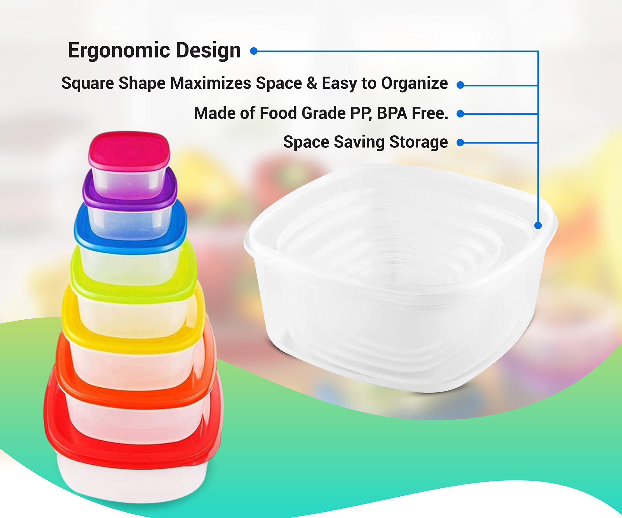 ARSUK Plastic Food Containers Set with Airtight Lids 7 PCs, Kitchen Storage Organization Stackable Containers for Lunch Snacks Sandwich Sauces, BPA Free Microwave Freezer Dishwasher Safe