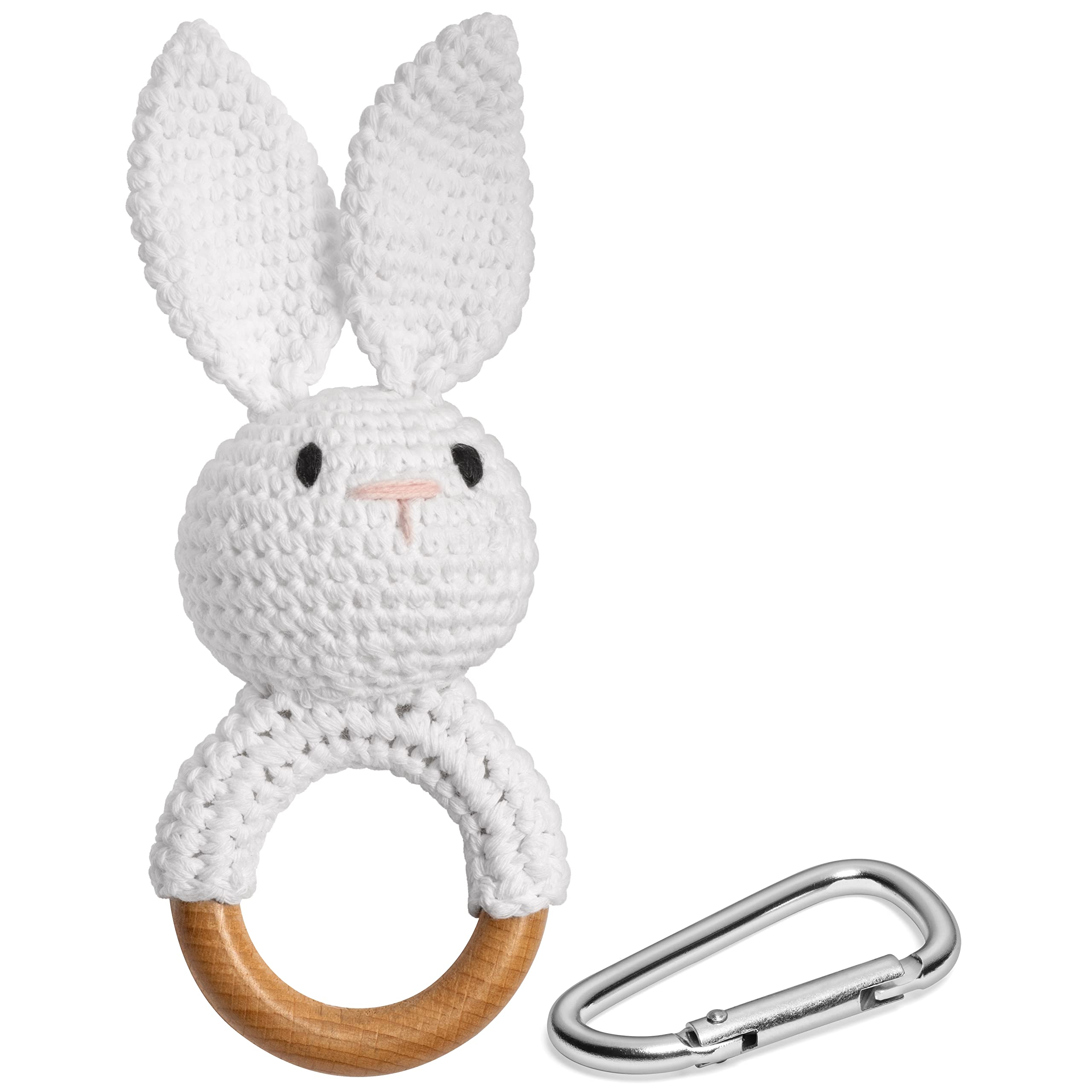 Crochet Bunny Rattle with Diaper Bag Clip - Wooden Teether Baby Rattle for Baby Girls and Boys - Natural Cotton with Wooden Teething Ring