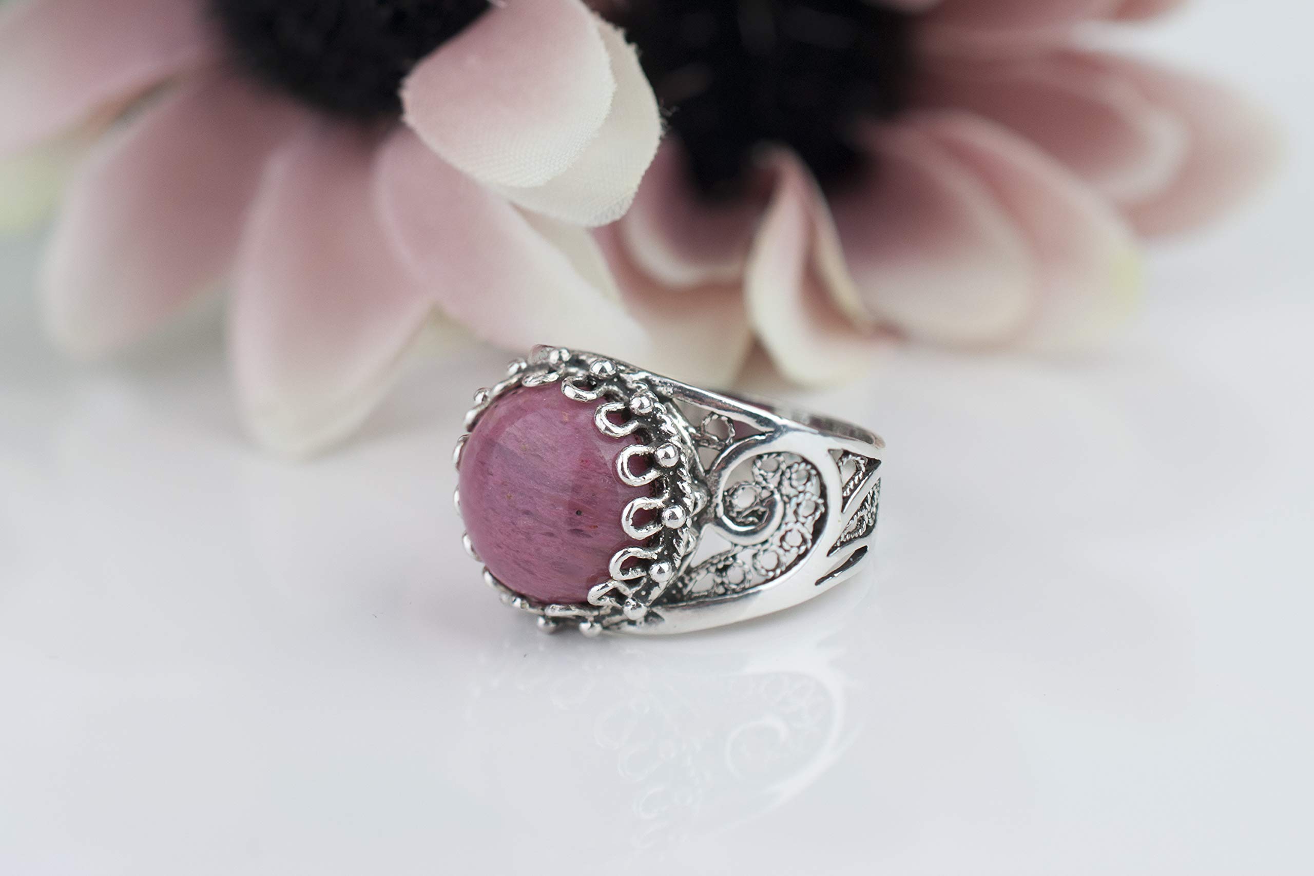 925 Sterling Silver Pink Rhodonite Round Filigree Paisley Ring (Size 6-10) (6)