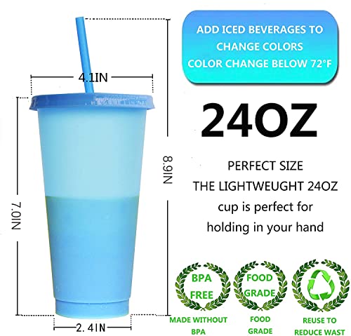Color Changing Cups Set Cooler 24oz Reusable Plastic Cold Drink Cups with Lids and Straws for Adults Straws In Bright Colors, 5 Iced Coffee Cup, Smoothie Cups with Lids and Straws, Tumbler with Straw