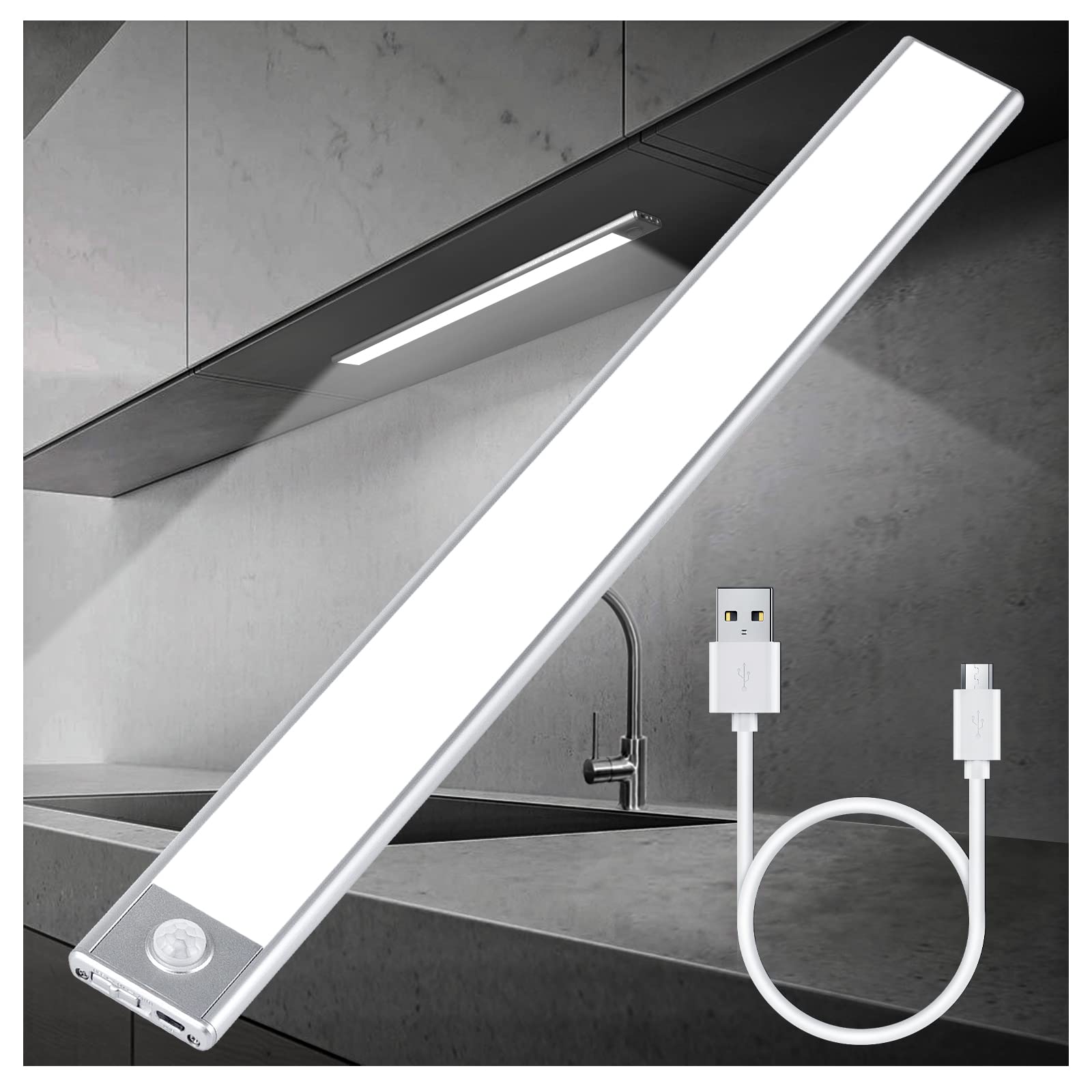 70-LED Under Cabinet Lights, 16 Inch Motion Sensor Under Counter Light with 1500 Mah Rechargeable Battery, Under Cabinet Lighting for Kitchen Wardrobe Hallway Stairs Camping