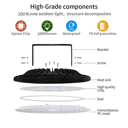 UFO LED High Bay Light, 6000-6500K, IP54, Waterproof Dust Proof, Warehouse LED Lights High Bay Lighting for Garage, Factory, Gymnasium, Basement, Parking(Newest Design )… (200W) (5 pcs)