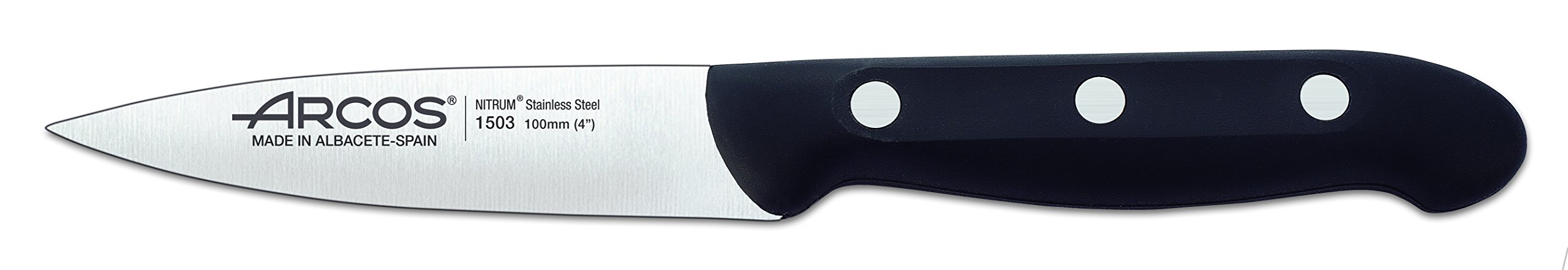 ARCOS Paring Knife 4 Inch Stainless Steel. Professional Kitchen Knife for Peeling Fruits and Vegetables. Ergonomic Polyoxymethylene Handle and 100mm Blade. Series Maitre. Color Black