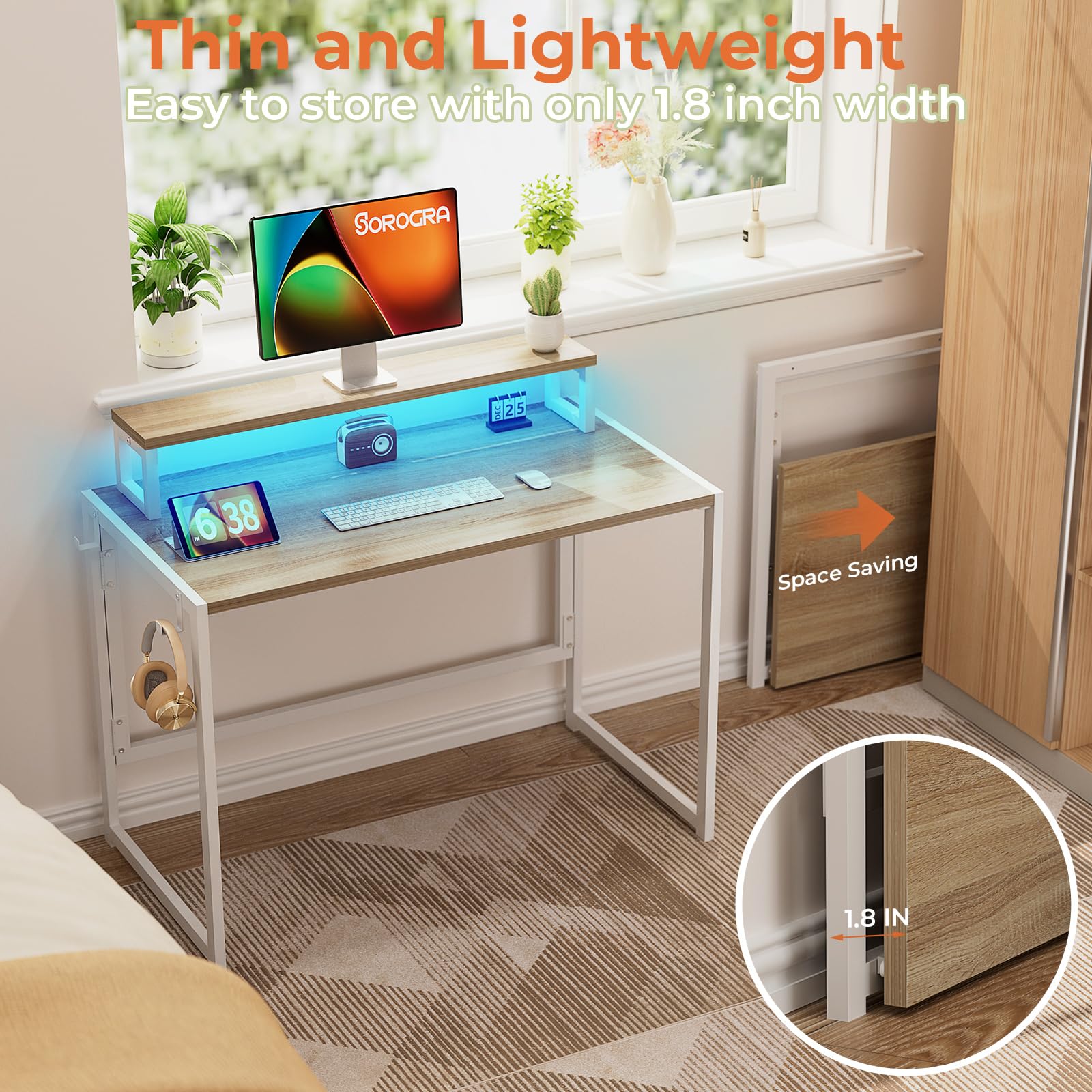 SOROGRA Small Folding Desk 31.5 Inch, Foldable Computer Desks with LED Lights and Monitor Stand, Work Portable Table for Home Office Bedroom, Oak