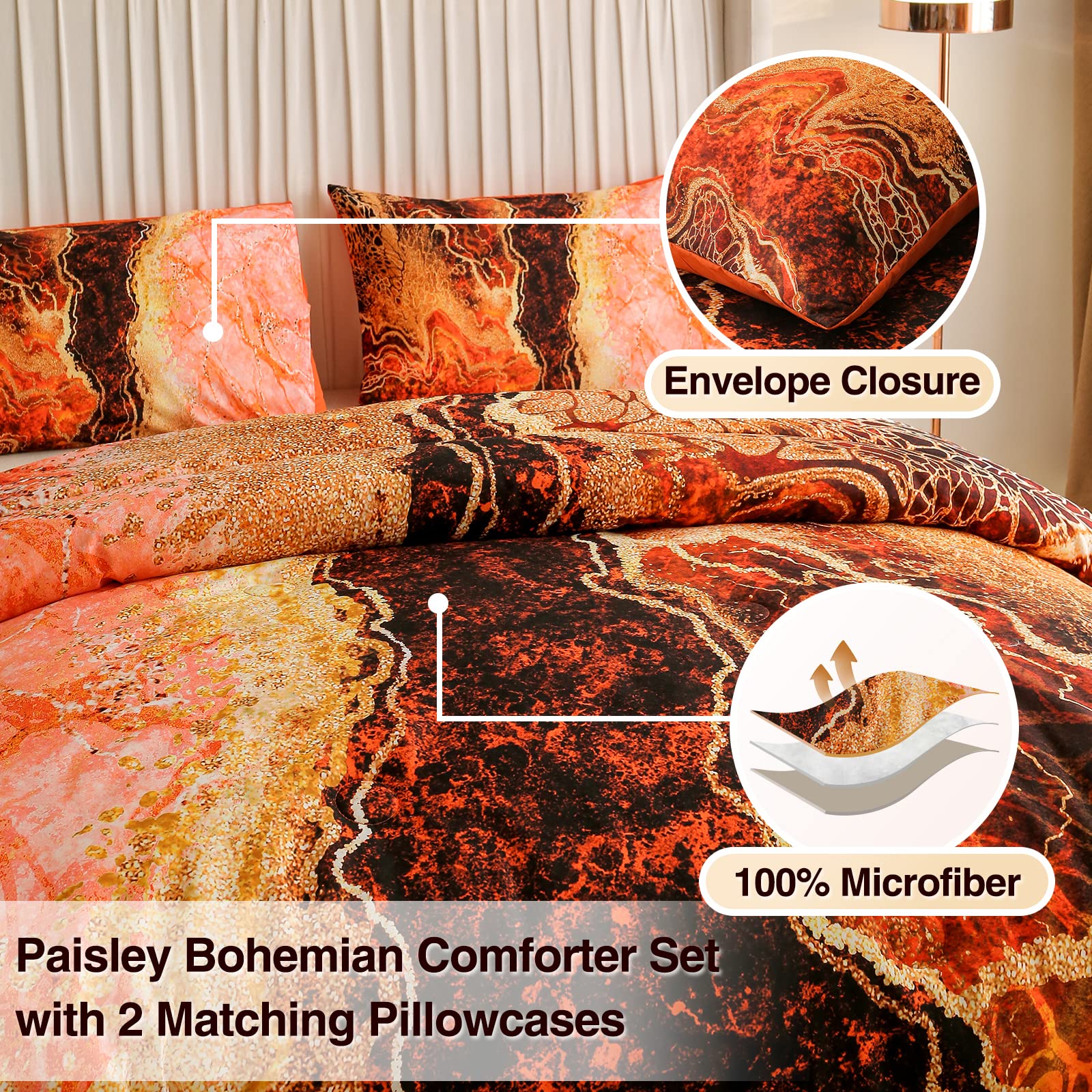 A Nice Night Marble Like Burning Mountain Printed Bedding Set,Retro Style Watercolor Artwork Design,Ultra Soft Comforter Set (Orange,Full(78-by-90-inches))