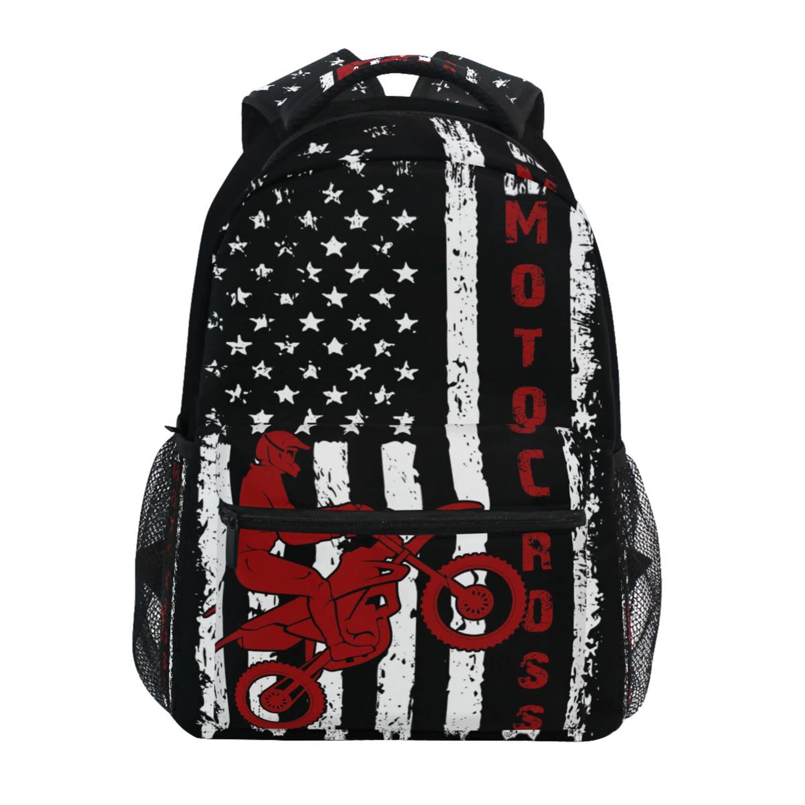 American Flag Motorcycle Backpack Dirt Bike School Bookbag College Shoulder Bag Travel Hiking Camping Daypack for Women Girls Men Boys