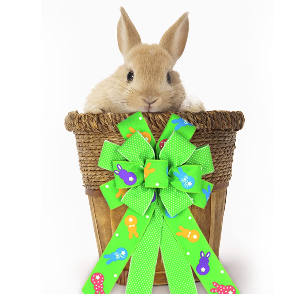 Easter Wreath Bows, Green Spots Rabbits Burlap Easter Bows for Wreaths - Large Easter Ribbon Bows for Easter Day Home Garden Indoor Outdoor Decoration Wreath Ornament Supplies