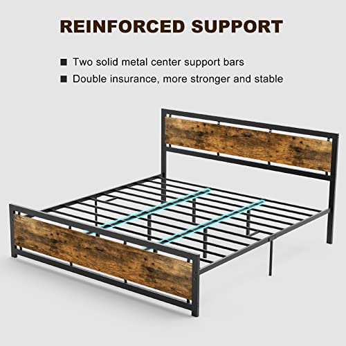 IKIFLY Industrial Metal King Size Bed Frame/Farmhouse Metal Platform Bed with Wooden Headboard Footboard/Heavy Duty Steel Slats Support/No Box Spring Need, Easy Assembly(King, Rustic Brown)