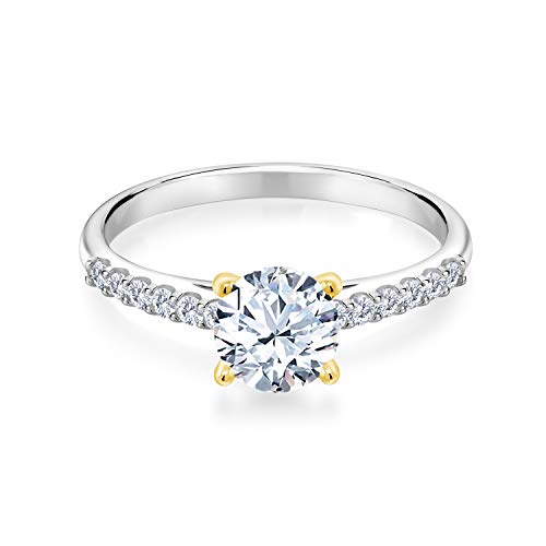 925 Sterling Silver with 10K White Gold Prongs Hearts And Arrows White Created Sapphire and Lab Grown Diamond Women Engagement Ring (1.18 Cttw, Round 6MM, Available In Size 5, 6, 7, 8, 9)