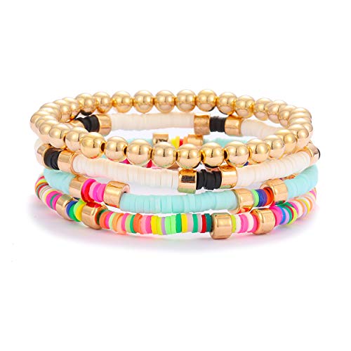 Colorful Beaded Bracelets for Women Heishi Bracelet Gold Bead Bohemian Stackable Stretch Strand Bracelet (Assorted)