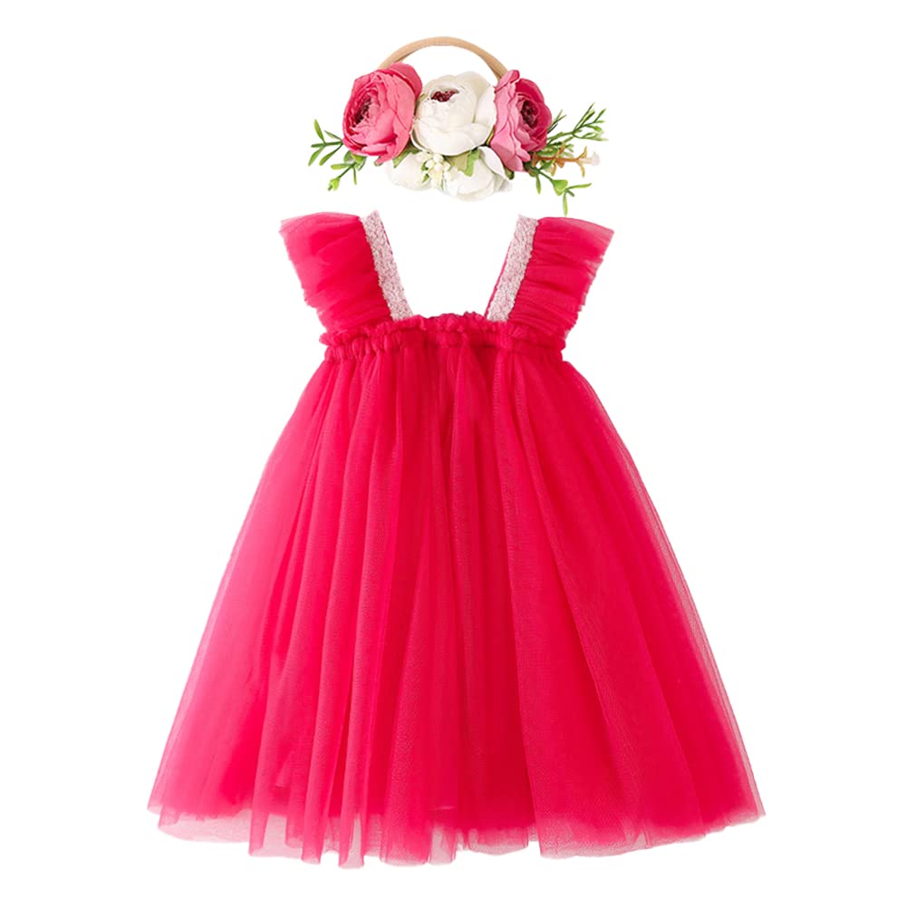 Baby Tutu Dress Boho Flower Girl Dresses Rainbow Tutu Dress Summer Backless Sundress Toddler Fly Sleeve Layered Tulle Skirt Set with Flower Headband Birthday Photography Outfit Yellow 18-24 Months
