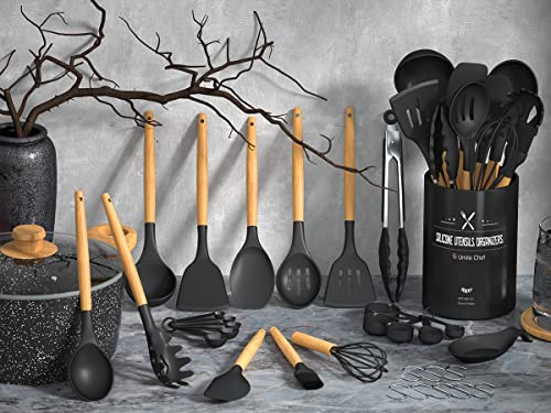 Umite Chef Kitchen Cooking Utensils Set, 33 pcs Non-Stick Silicone Cooking Kitchen Utensils Spatula Set with Holder, Black Wooden Handle Silicone Kitchen Gadgets Utensil Set